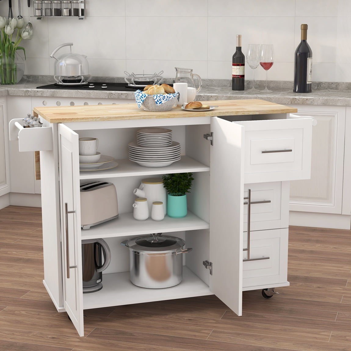 Kitchen Island with Storage, Kitchen Cart Cabinet on Wheels with 3 ...
