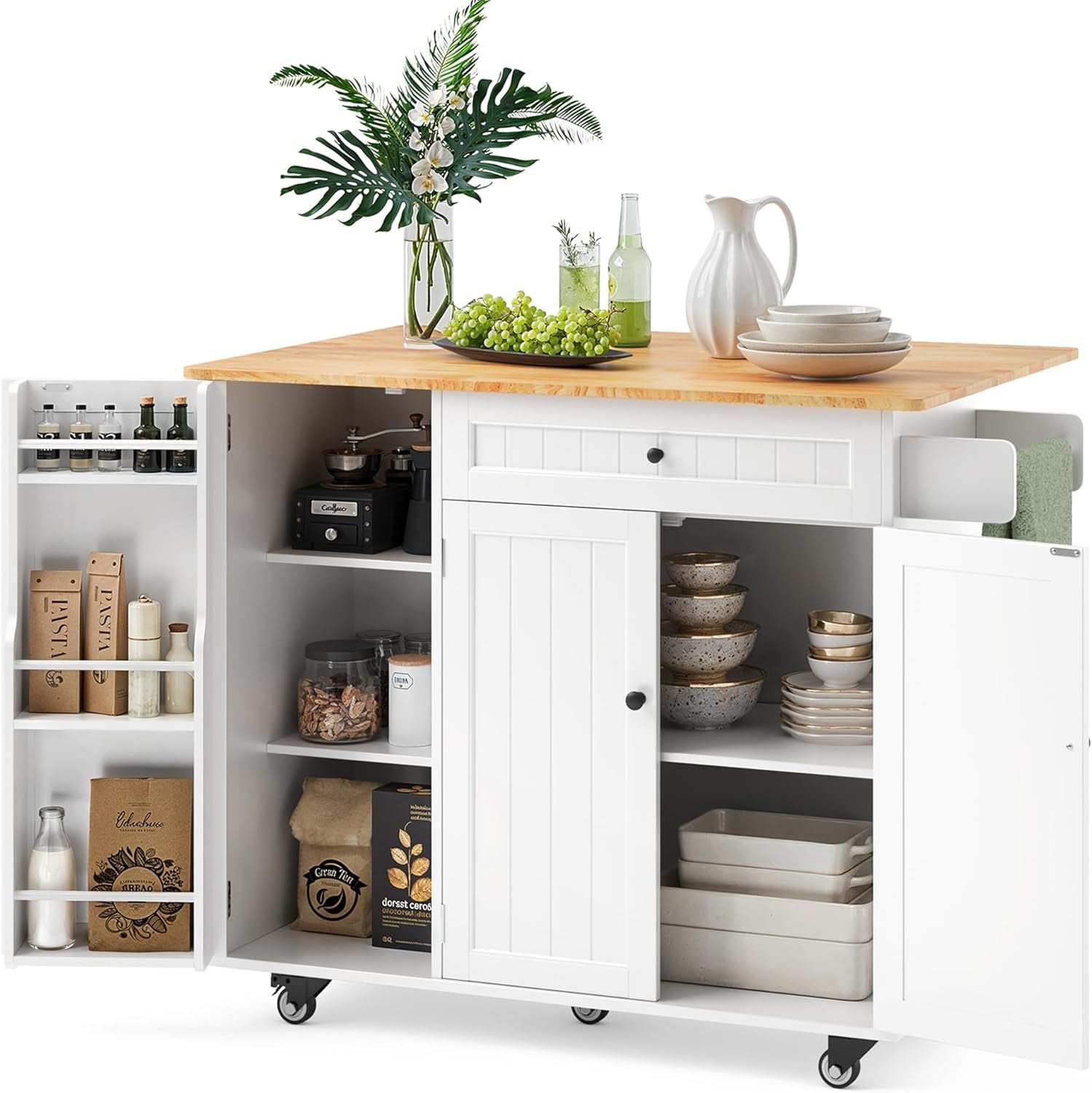 Kitchen Island with Storage, Island Table for Kitchen with Drop Leaf, 5 ...