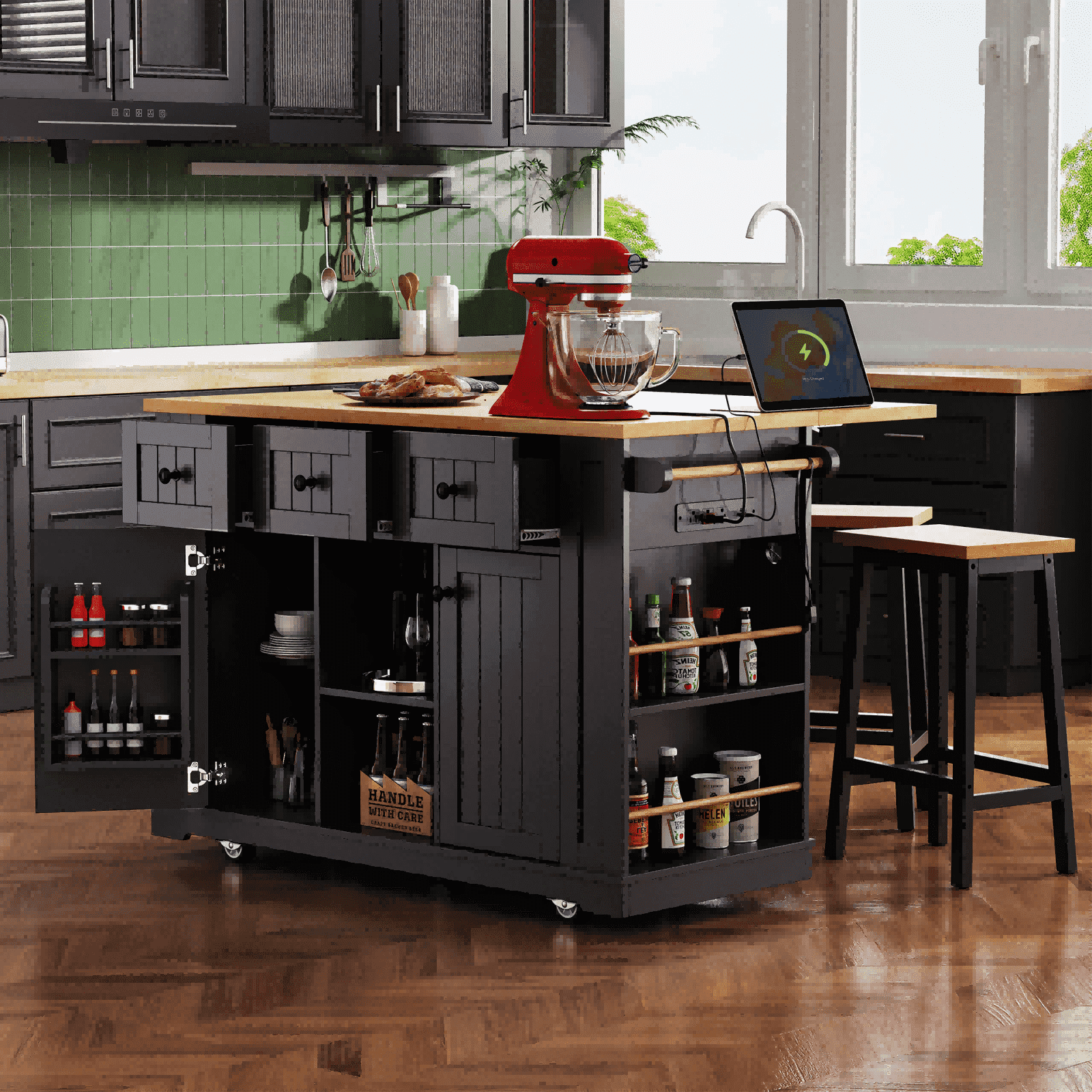 Kitchen Island with Storage, Moveable Kitchen Island with Power Outlet ...