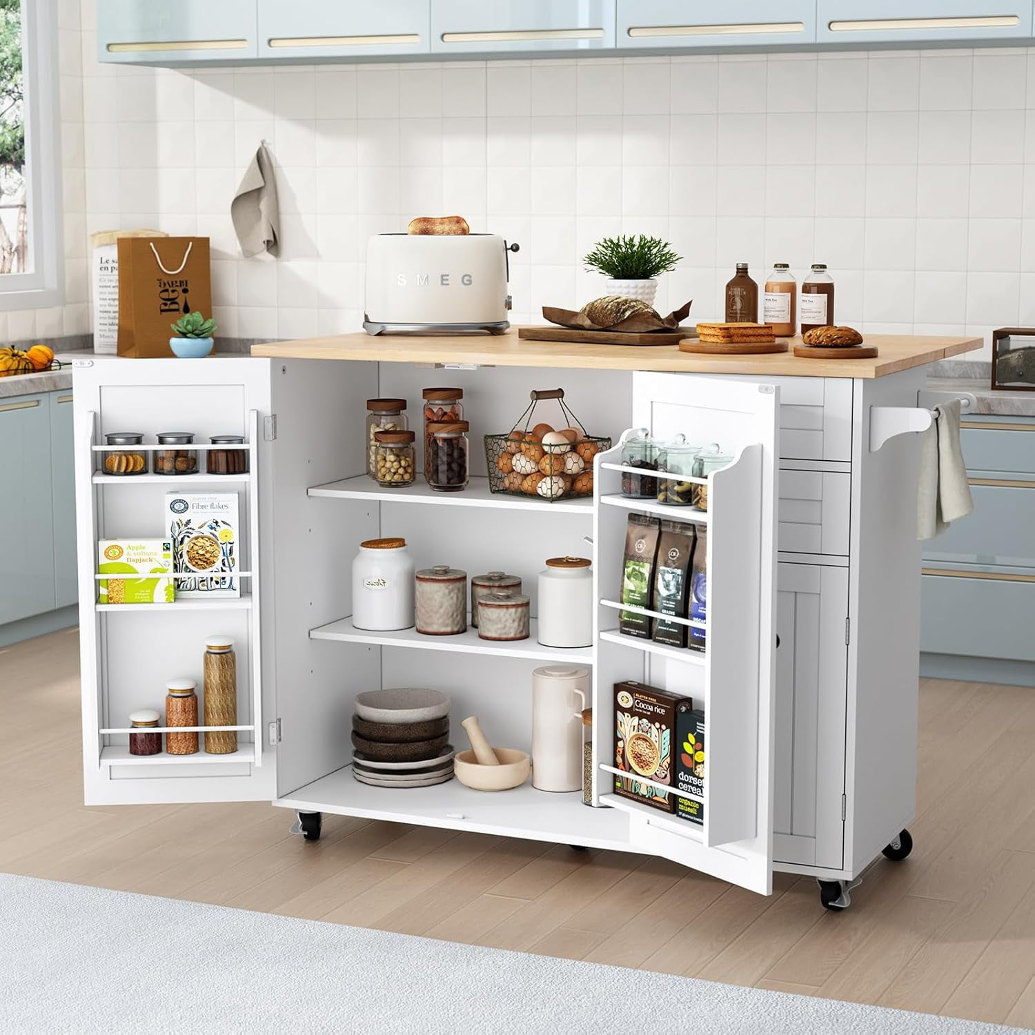 Kitchen Island with Storage, Rolling Kitchen Island on Wheels with Drop ...