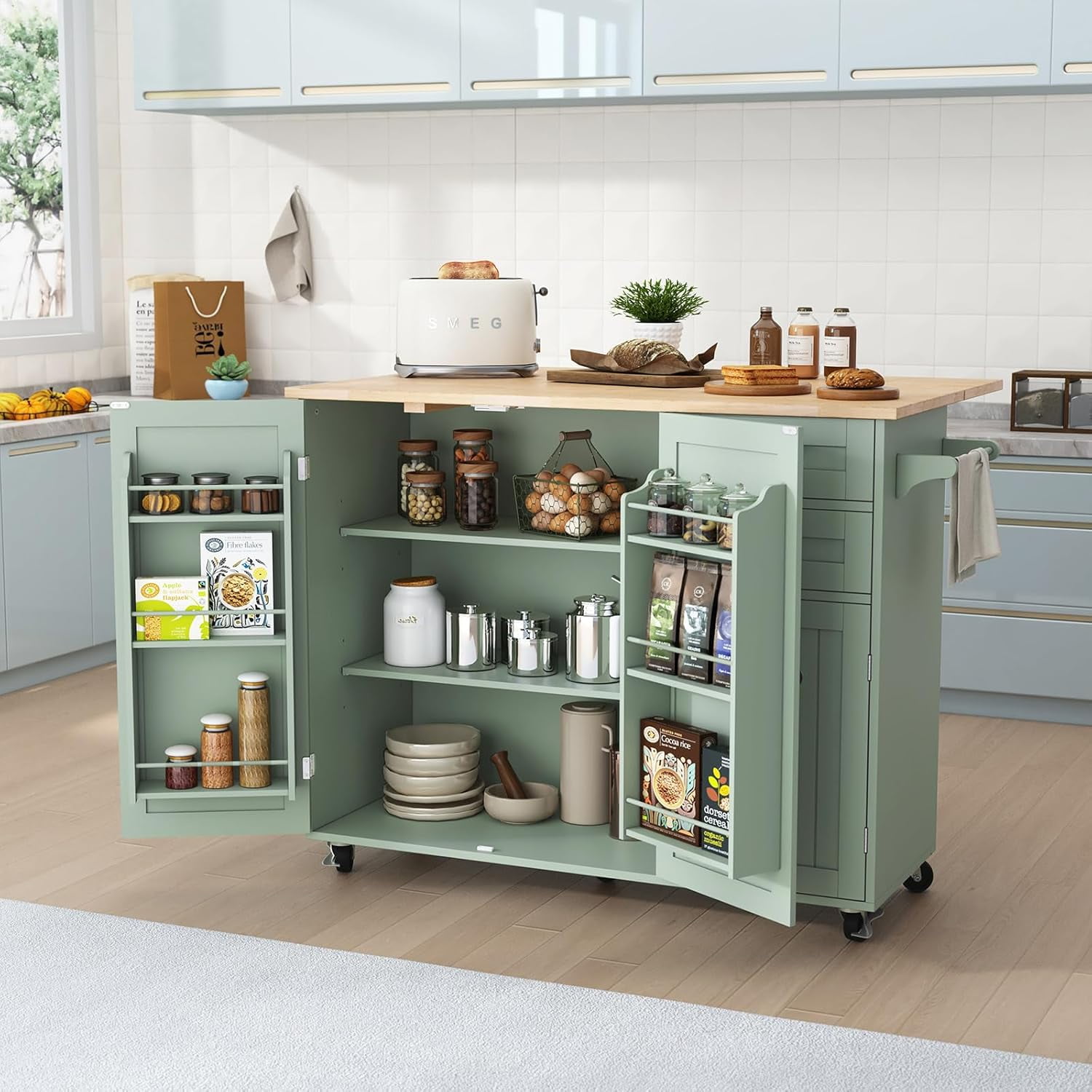Kitchen Island with Storage, Rolling Kitchen Island on Wheels with Drop ...