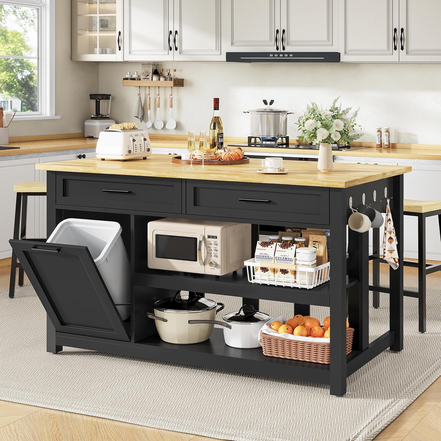 Kitchen Island with Storage and Seating Include 2 Bar Stools, 47" Solid ...