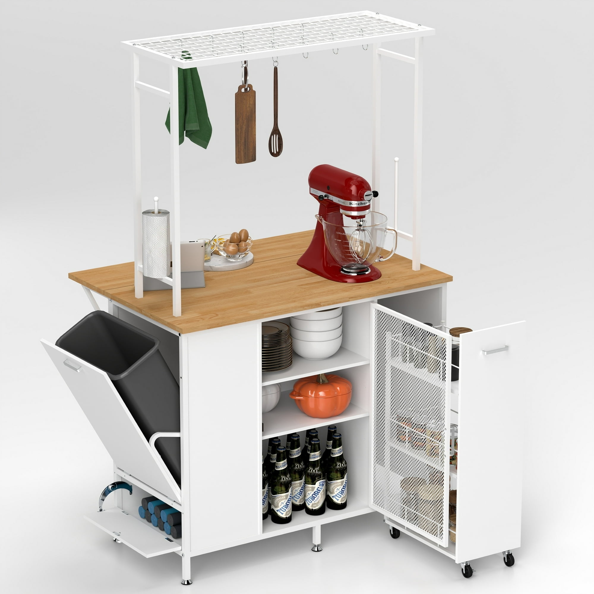 Kitchen Island with Storage Space, Breakfast Bar with Folding Flip-Up ...