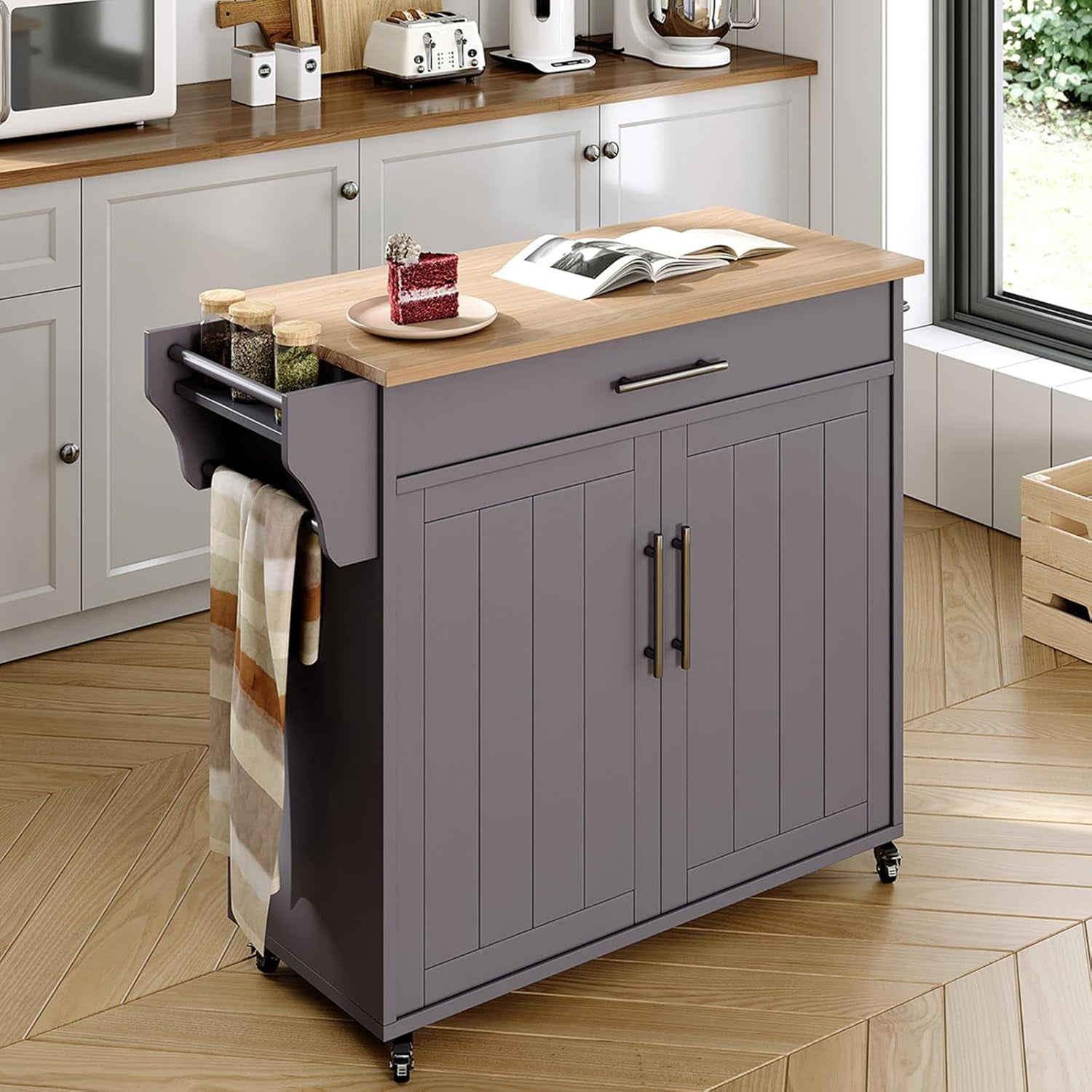 Kitchen Island with Storage Wooden Countertop Rolling Kitchen Island On ...