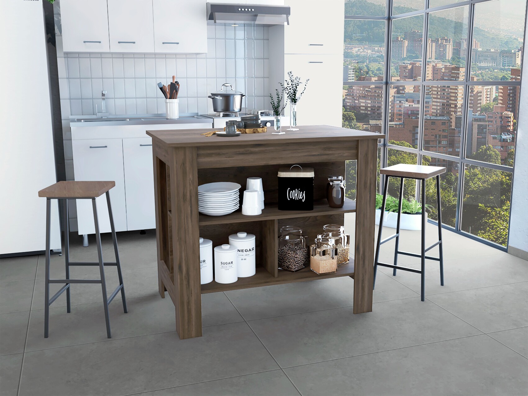 Kitchen Island Table, 35"H Kitchen Table with Storage Organizer Shelves ...