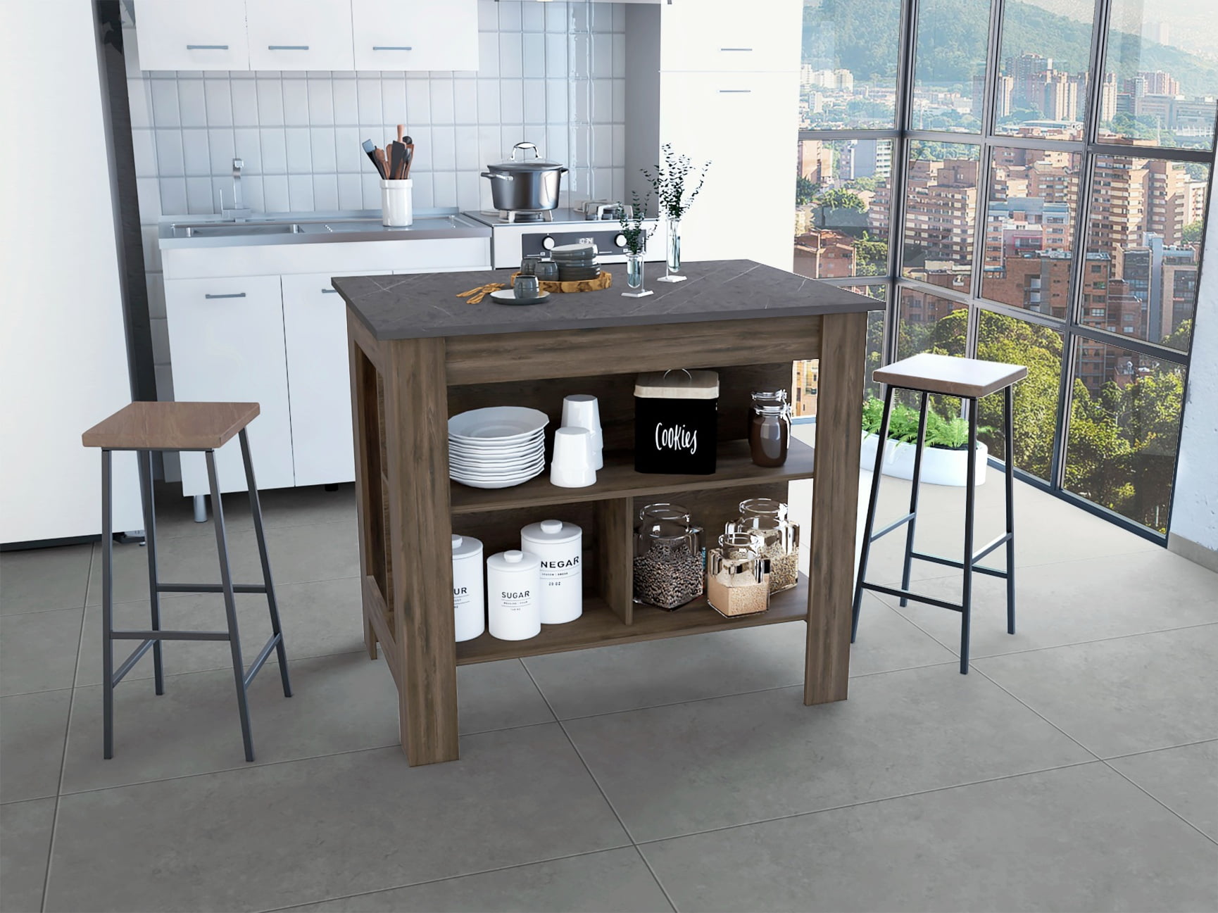 Kitchen Island Table, 35"H Kitchen Table with Storage Organizer Shelves ...