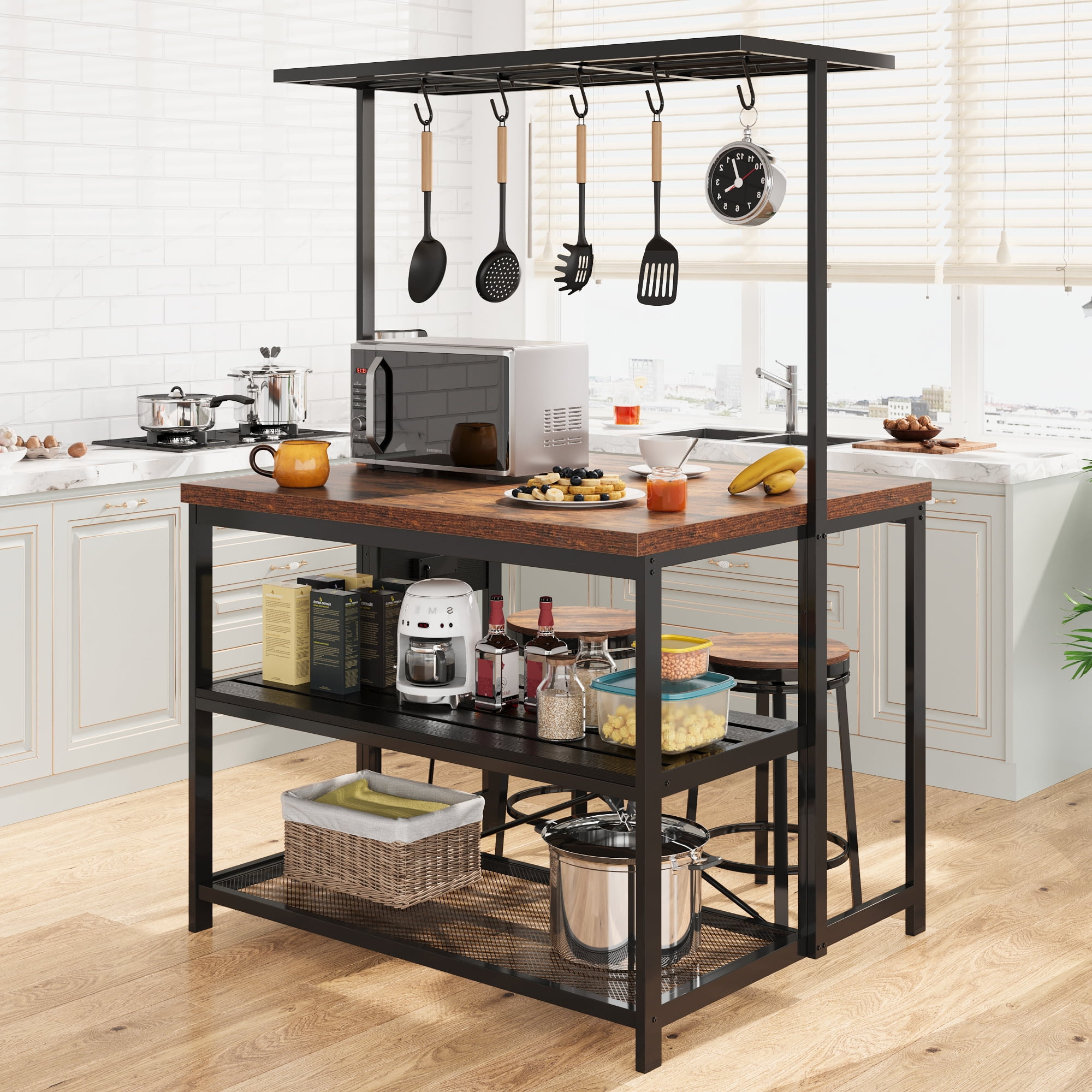 Kitchen Island Table with Storage Shelf and Power Outlet Bakers Rack 3 ...