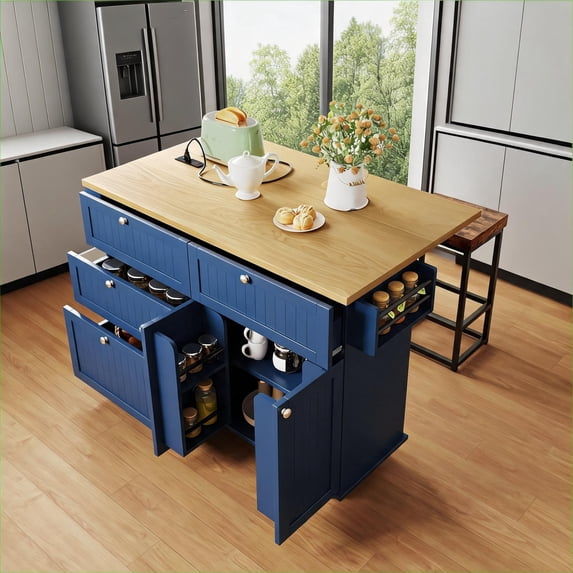 Kitchen Island Table with Drop Leaf and 2 Stools, Solid Wood, Deep Blue ...