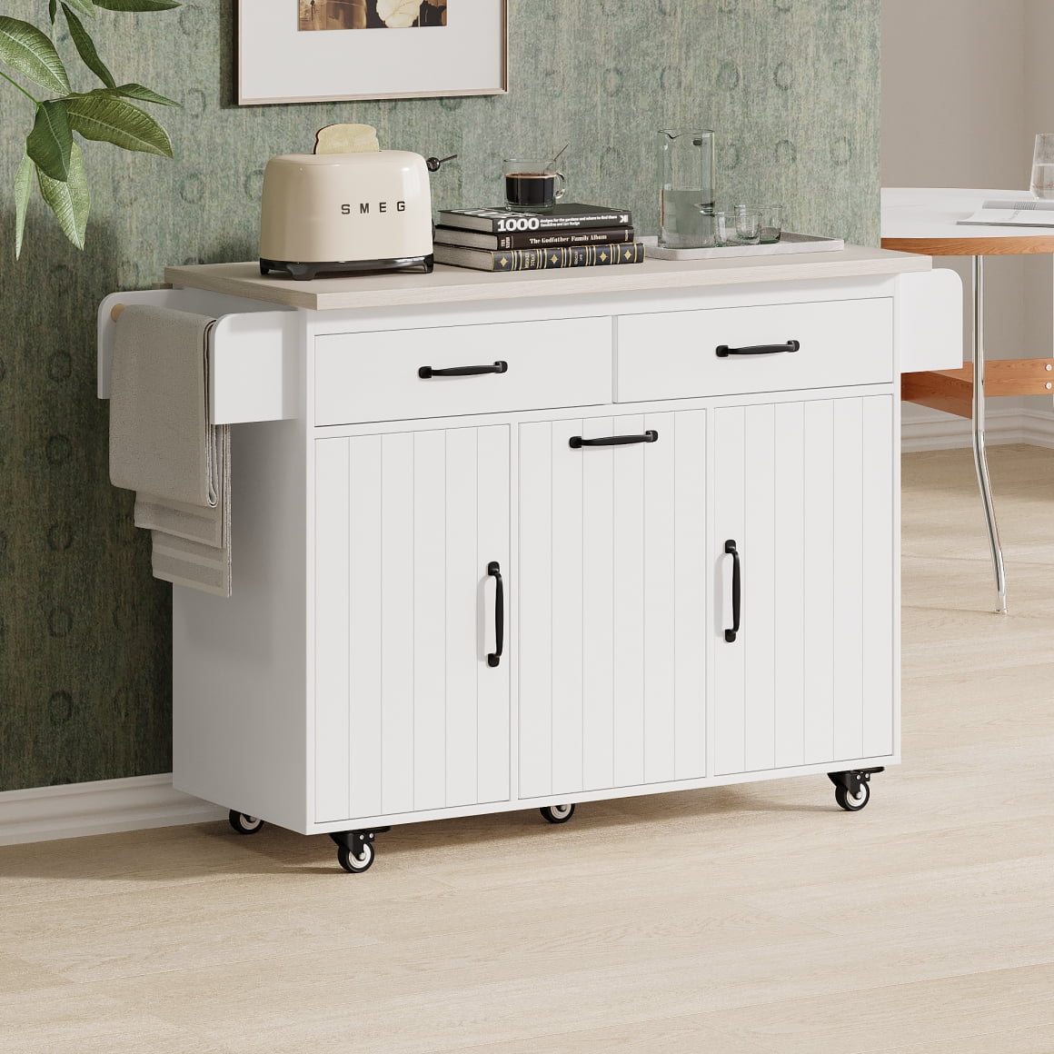Kitchen Island with Trash Can Storage Cabinet, Kitchen Cart with Drop ...