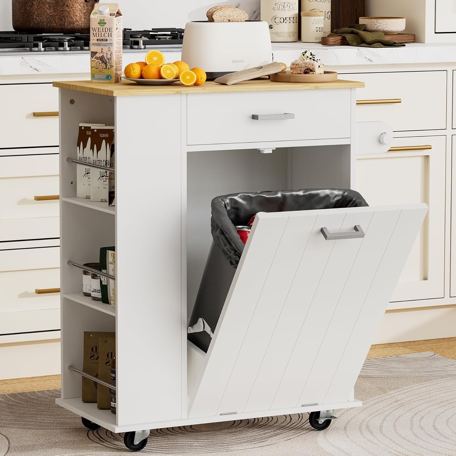 Kitchen Island with Trash Can Storage, Portable Kitchen Island on ...
