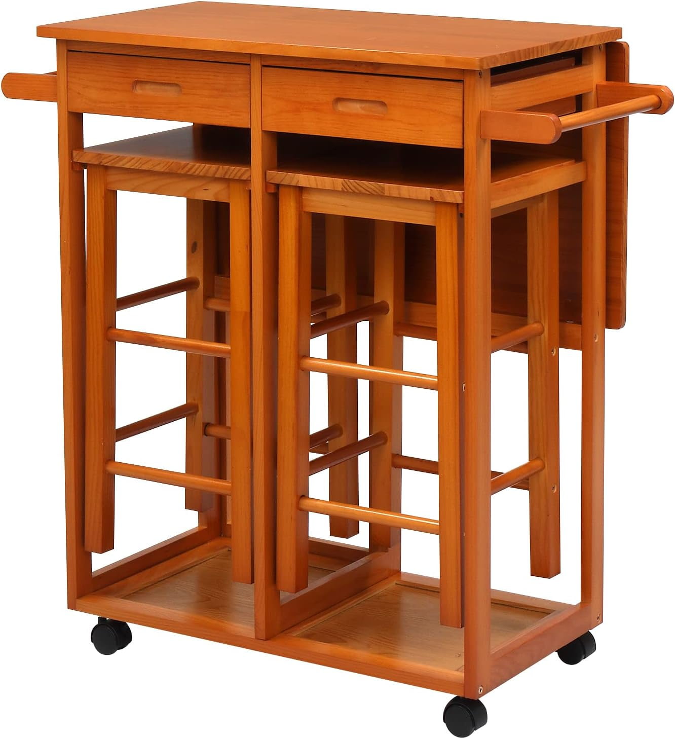 Kitchen Island Trolley Cart with 2 Square Stools and 2 Drawers Solid ...
