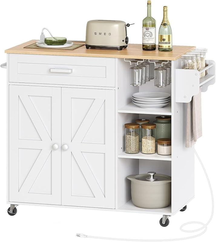 Kitchen Island Trolley with Power Outlet, Spice Rack, Rolling Storage ...