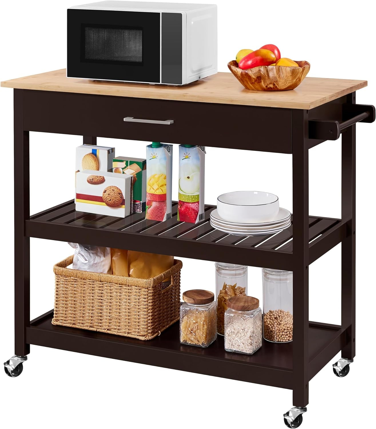 Kitchen Island on Wheels with Bamboo Tabletop, 3-Tier Rolling Kitchen ...
