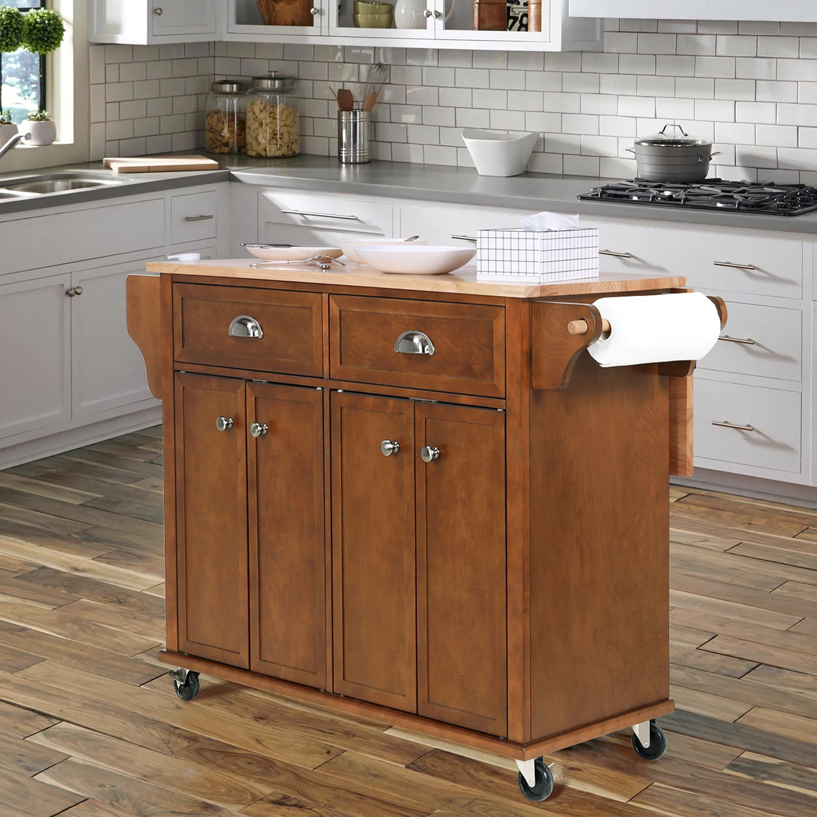 Kitchen Island on Wheels, Kitchen Island Cart With 5 Casters, 2 Large ...