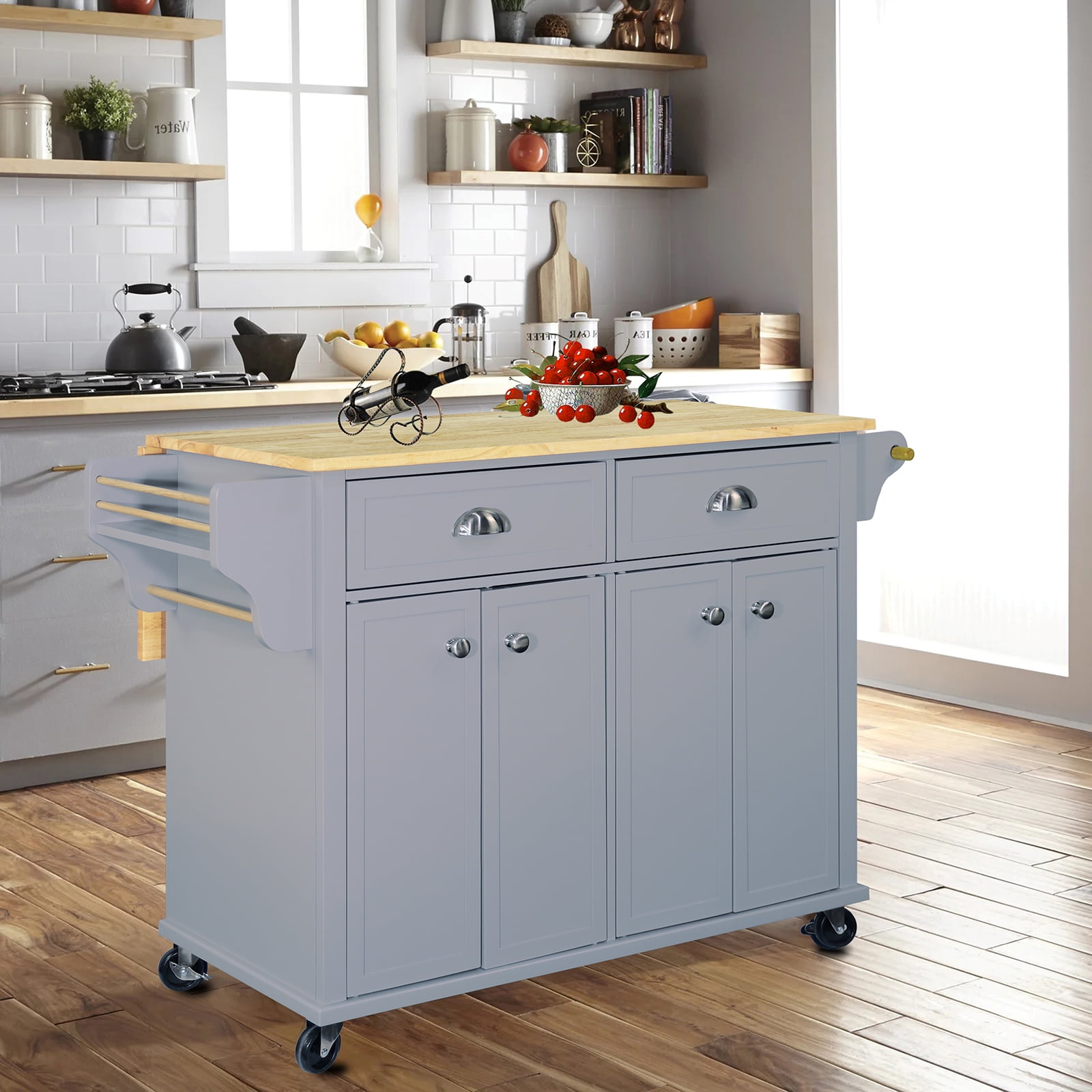 Kitchen Island on Wheels, Kitchen Island Cart With 5 Casters, 2 Large ...
