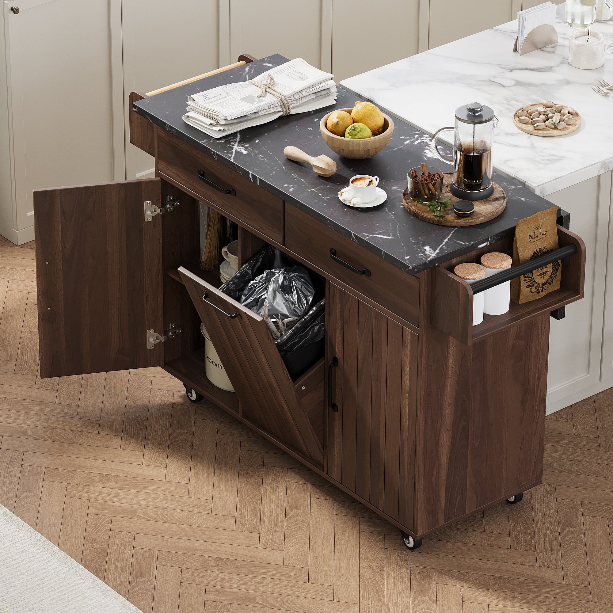 Kitchen Island on Wheels with Hidden Trash Can Storage and Drop Leaf ...
