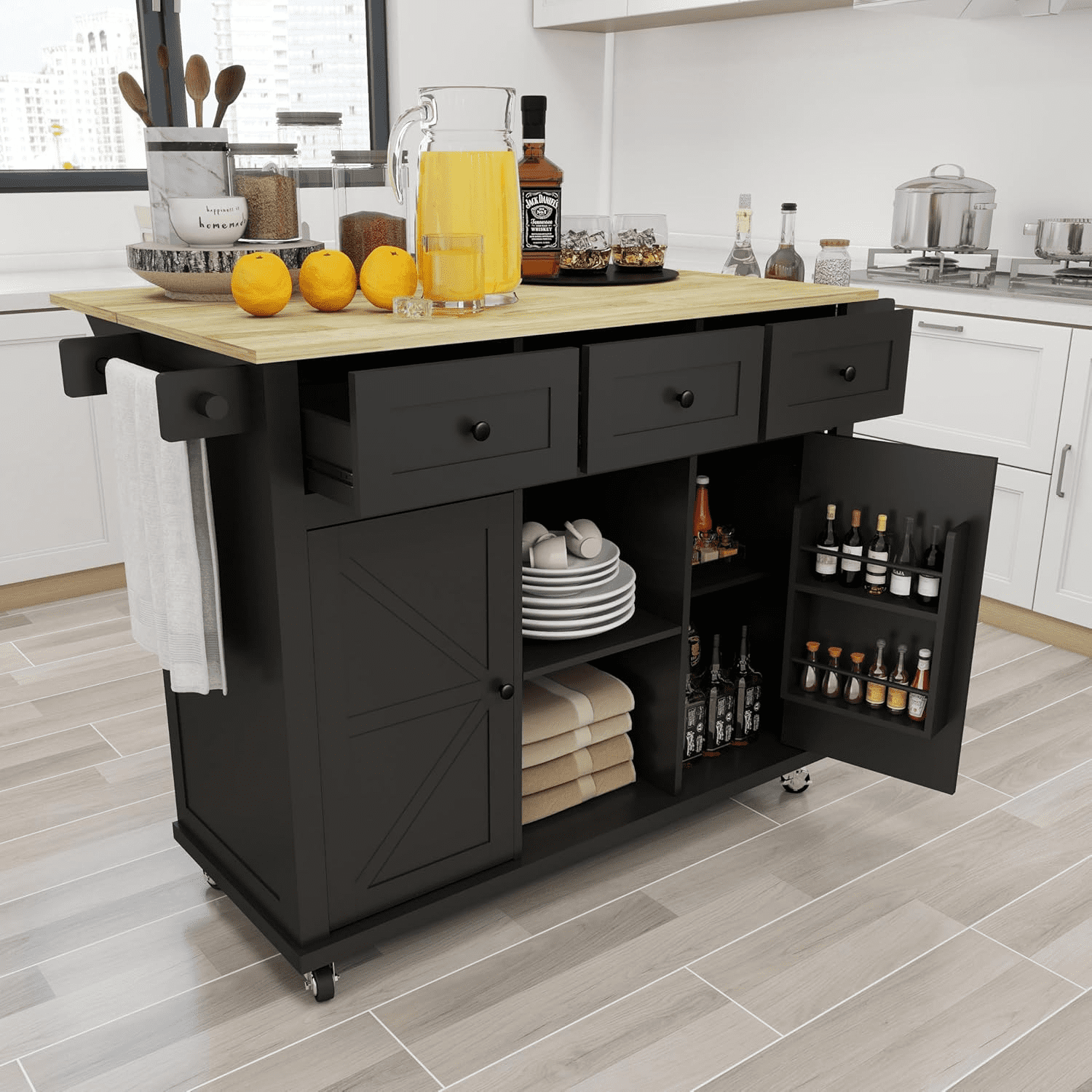 Kitchen Island on Wheels Kitchen Trolley with rubberwood and Foldable ...