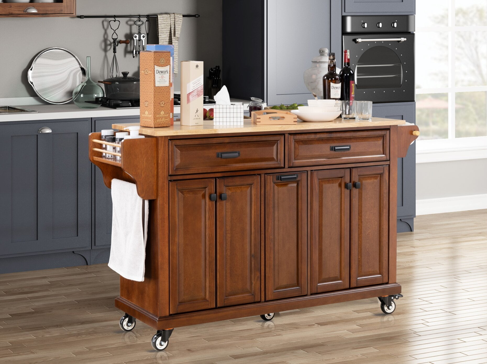 Kitchen Island on Wheels with Solid Wood Top, Rolling Kitchen Cart with ...
