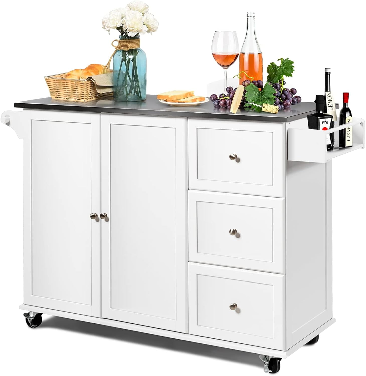 Kitchen Island on Wheels with Stainless Steel Top Rolling Kitchen Cart ...