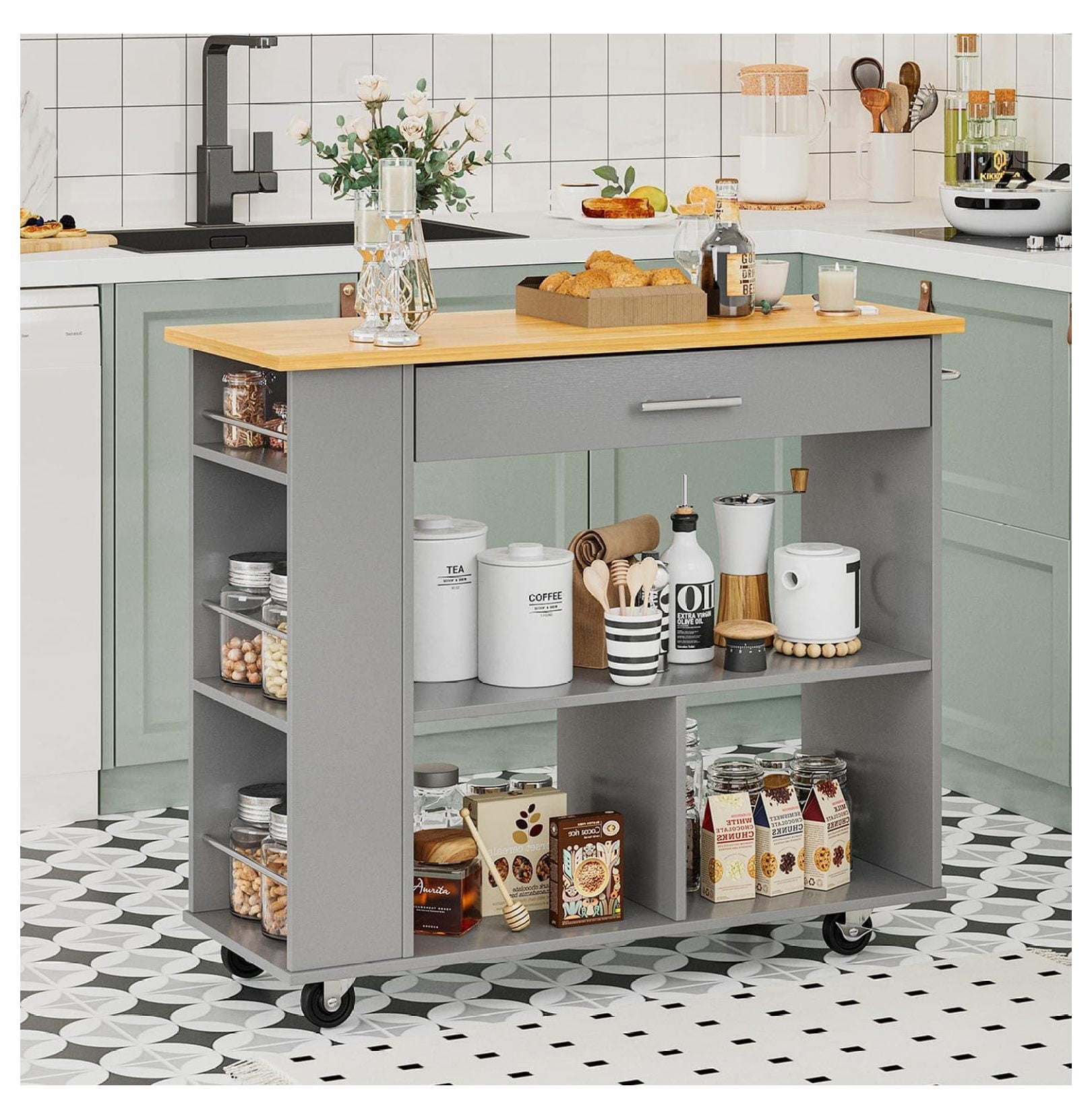 Kitchen Island on Wheels with Storage Cabinet, Rolling Cart Kitchen ...