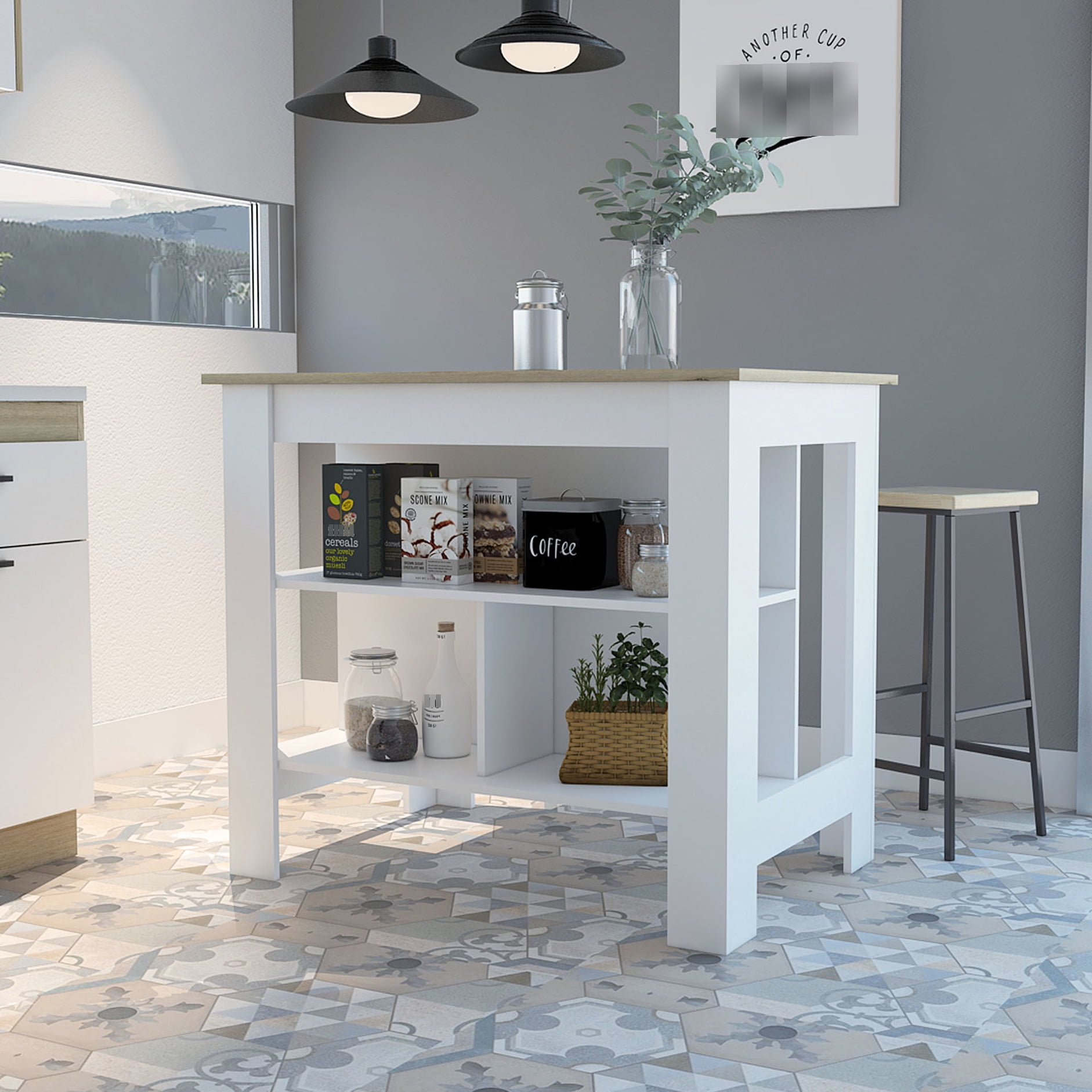 Kitchen Island In White/ Oak. Four Legged Stand For Durability ...