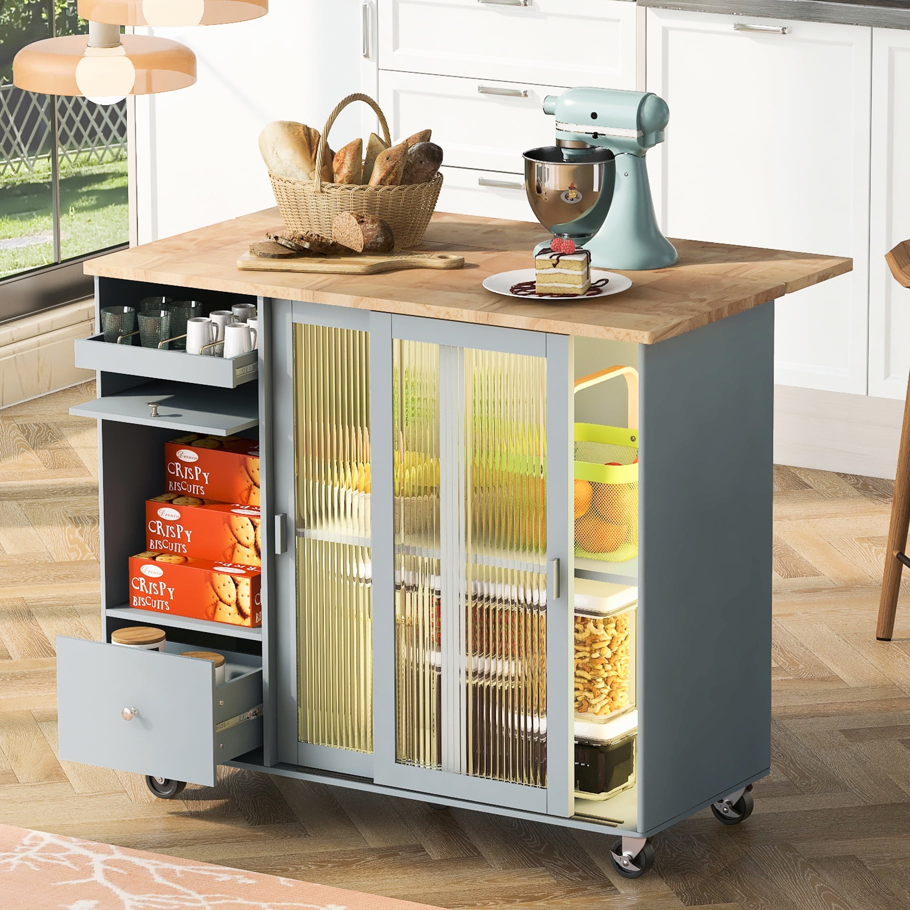 Kitchen Island With Drop Leaf, Led , 2 Sliding Doors, 1 Flip Cabinet ...