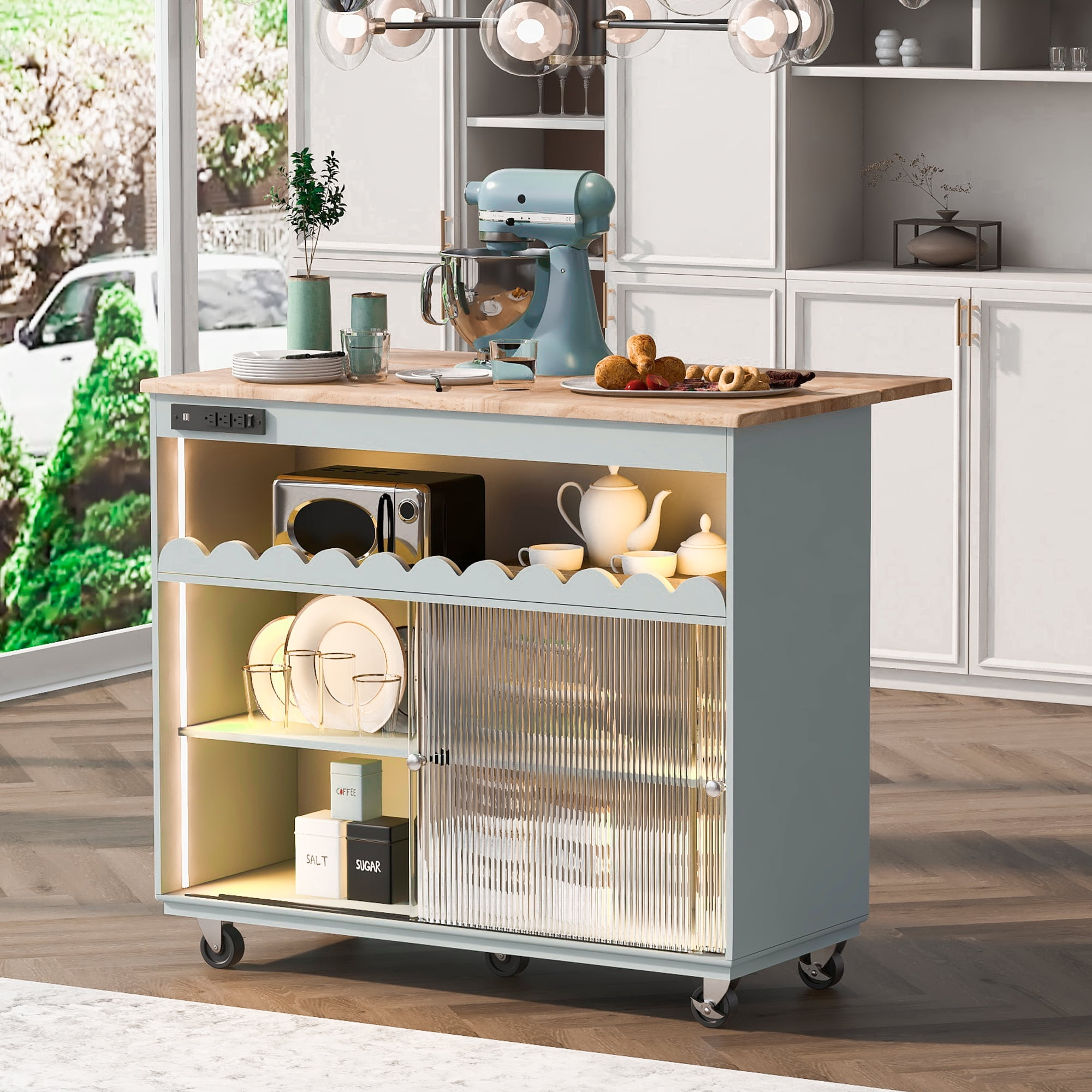 Kitchen Island With Drop Leaf, Led Light Kitchen Cart On Wheels With ...