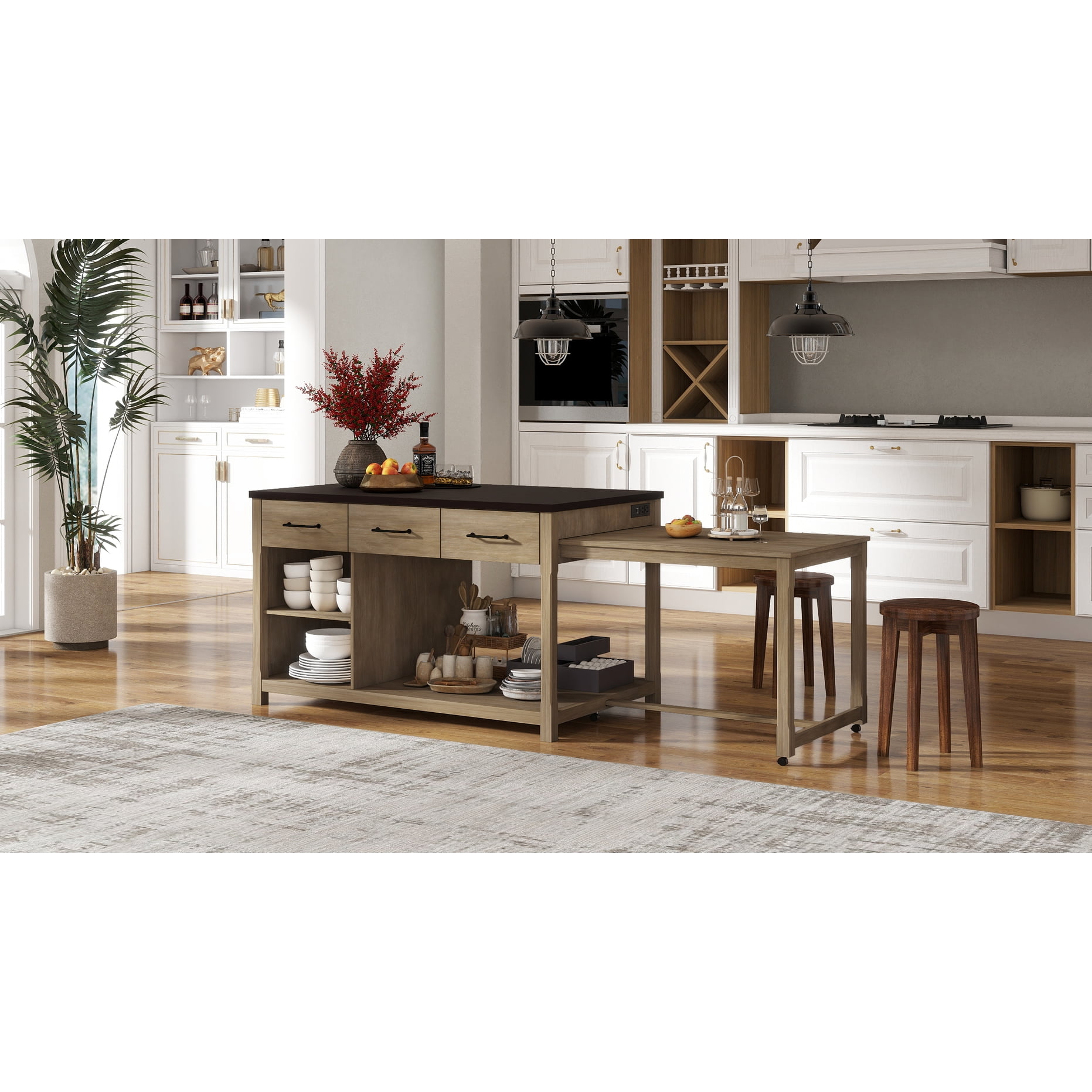 Kitchen Island With Storage And Power, Expandable Counter, Vintage Look ...
