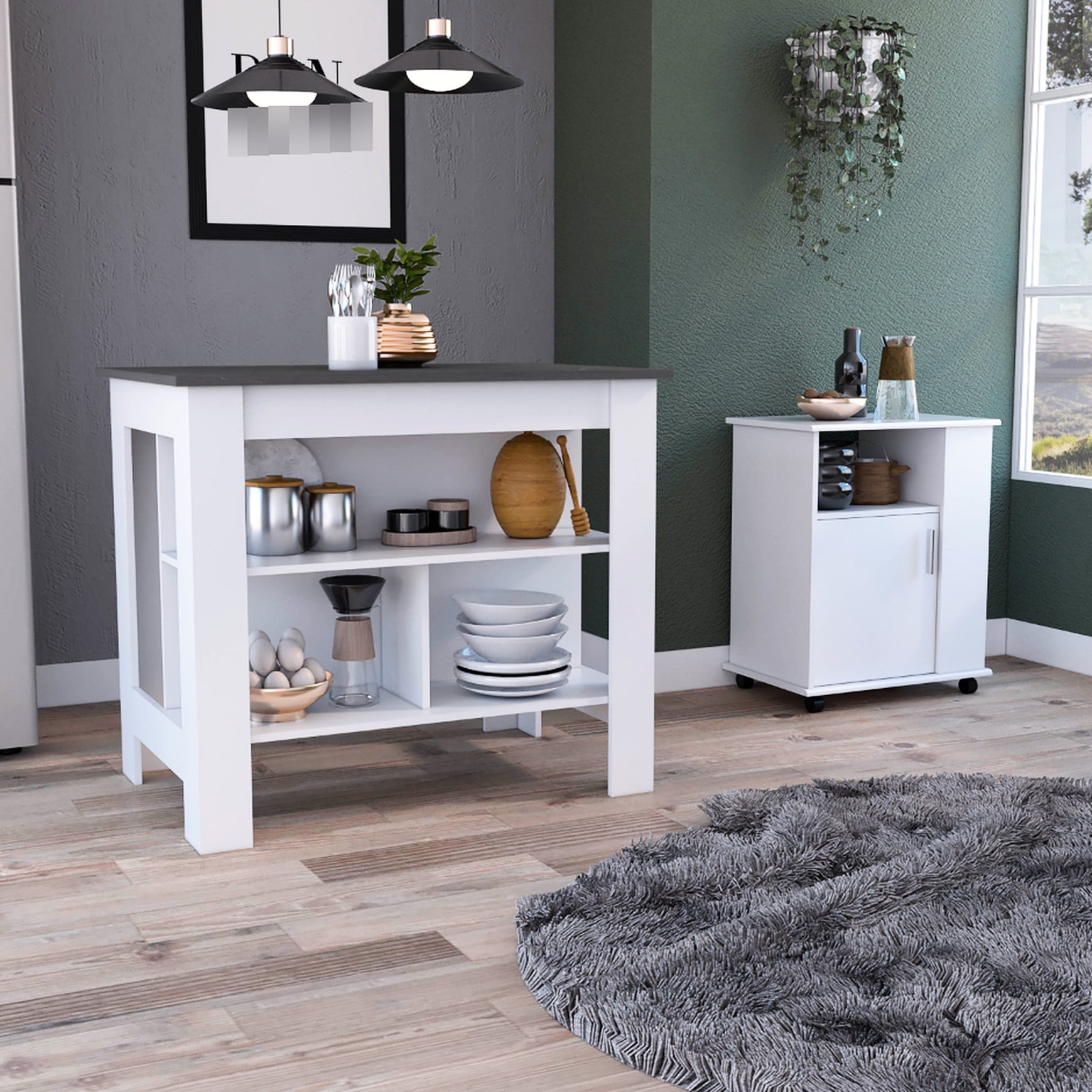 Kitchen Island and Microwave Cabinet Set / 2 Piece, White Finish ...