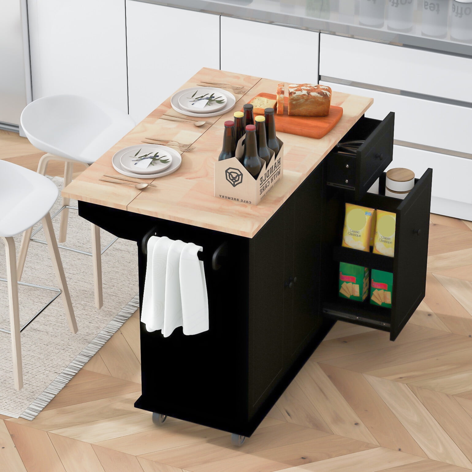 Kitchen Island on Wheels, Rolling Kitchen Cart with Drop Leaf Tabletop ...
