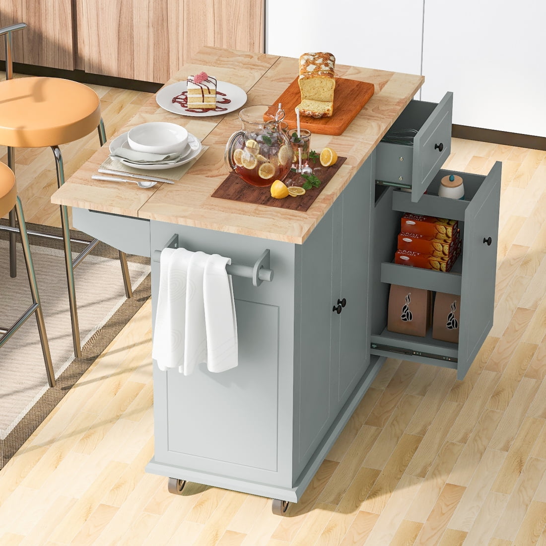 Kitchen Island on Wheels, Rolling Kitchen Cart with Drop Leaf Tabletop ...