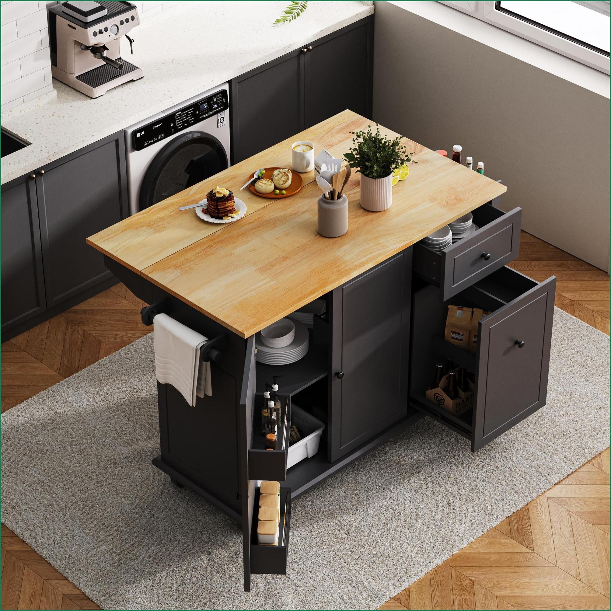 Kitchen Island with Drop Leaf, Rolling Cart with 3-Tier Pull-Out ...