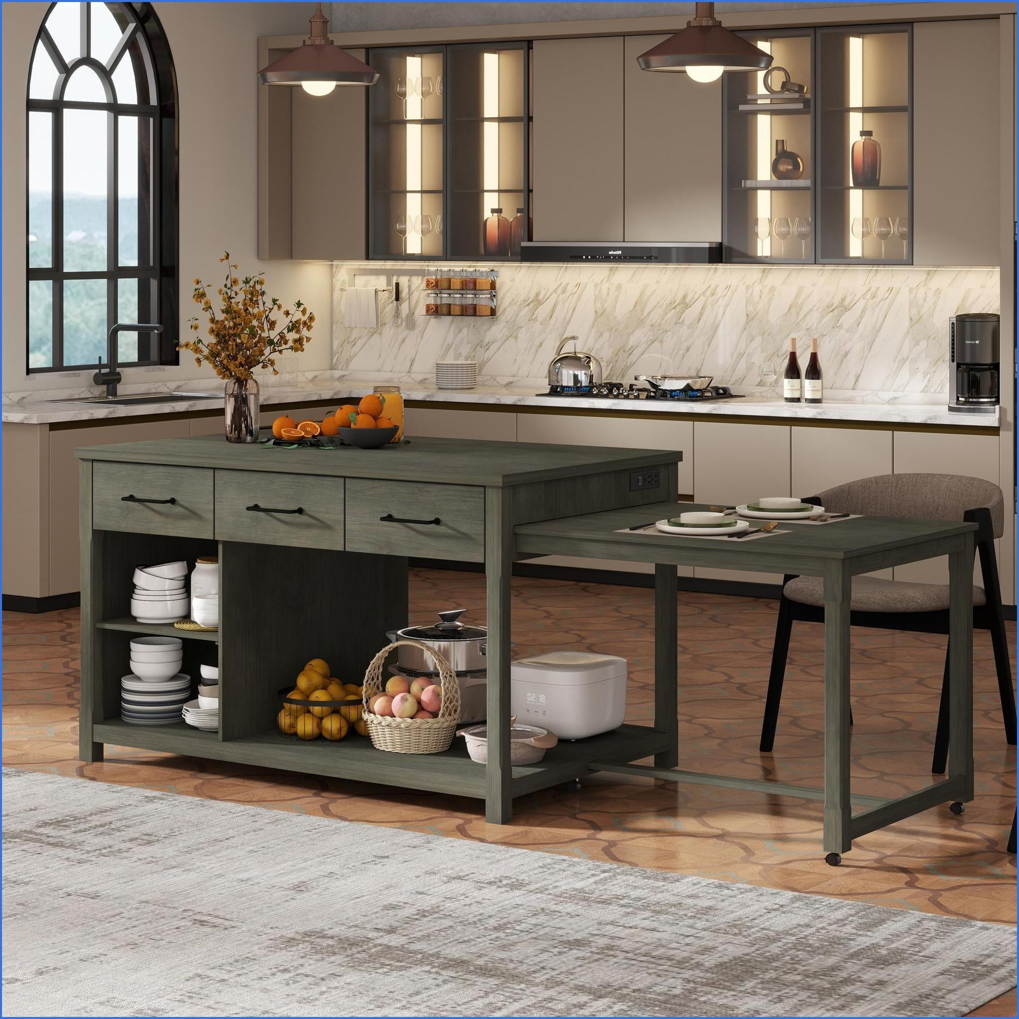 Kitchen Island with Extendable Work Surface, Gray Retro Cart with ...