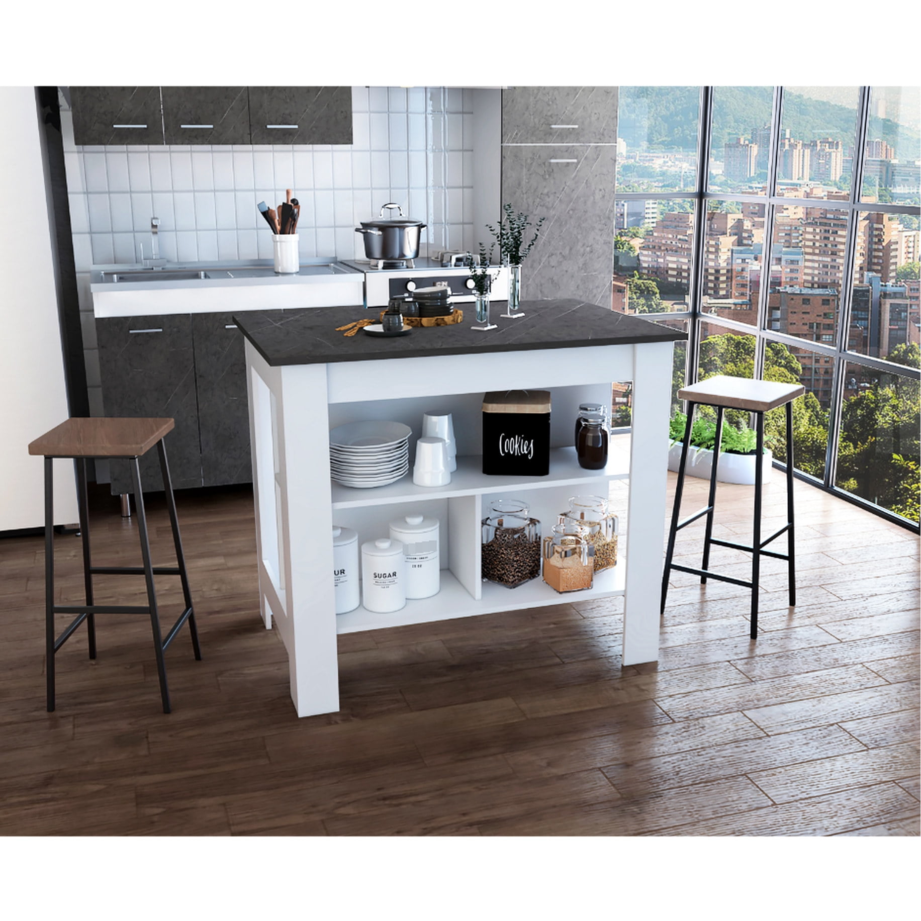 Kitchen Island with Four Legs | 27.50in Depth & Three Storage Areas ...