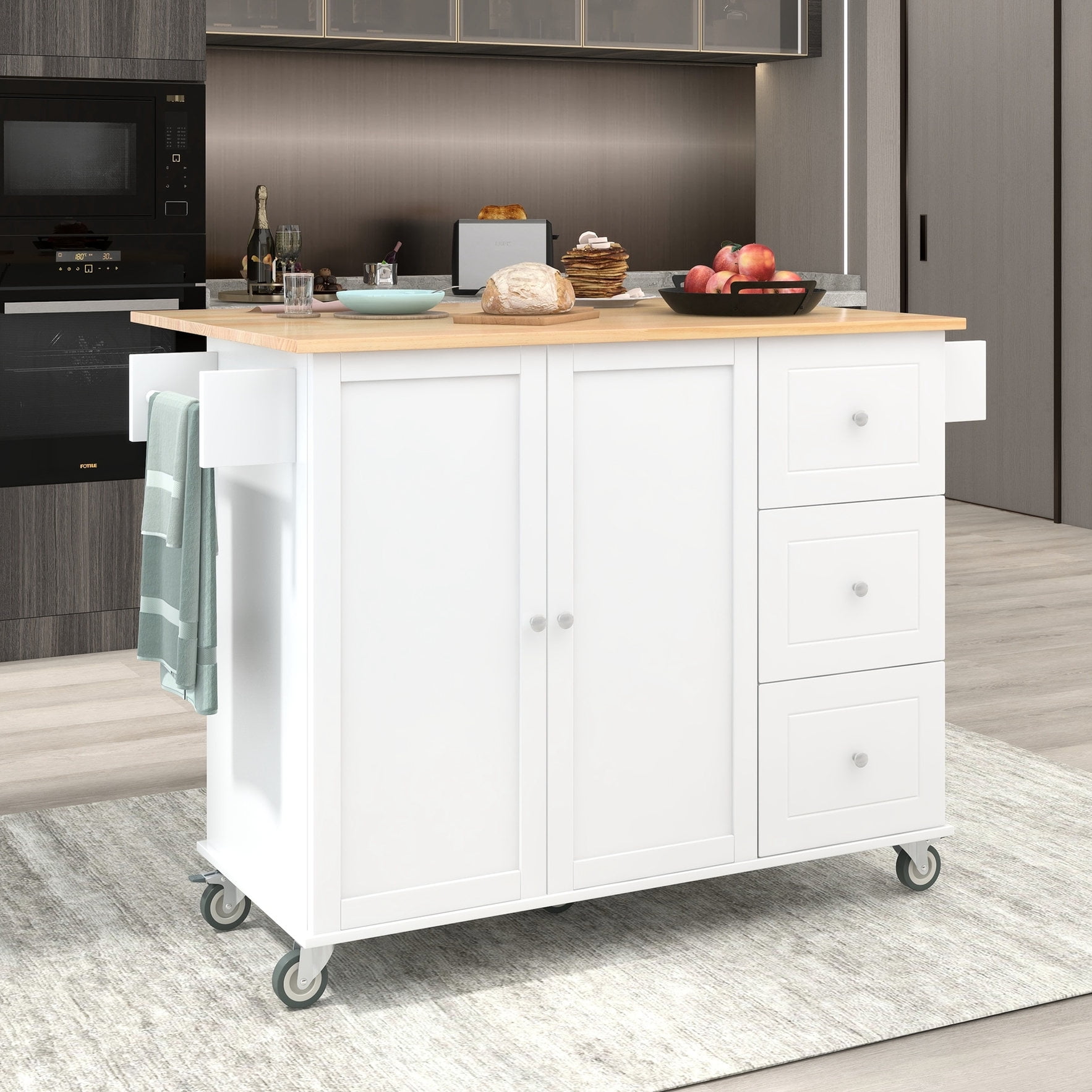 Kitchen Island with Locking Wheels / Solid Wood, Adjustable Shelves ...