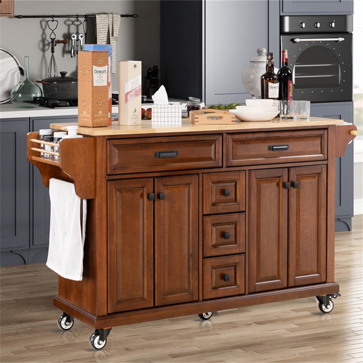 Kitchen Island with Rubber Wood Countertop, Versatile Serving Cart ...