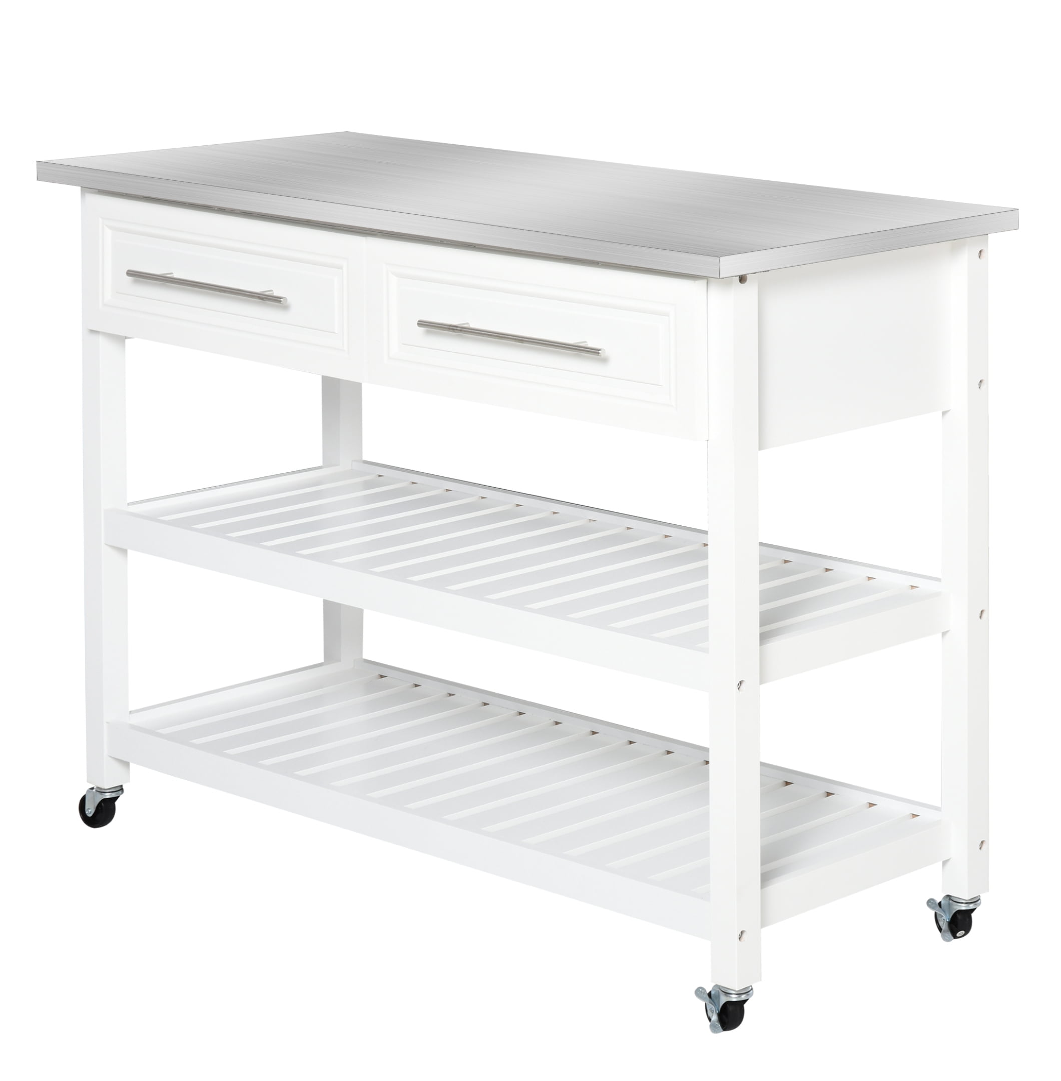 Kitchen Island with Stainless Steel Top, White Butcher Block Cart with ...