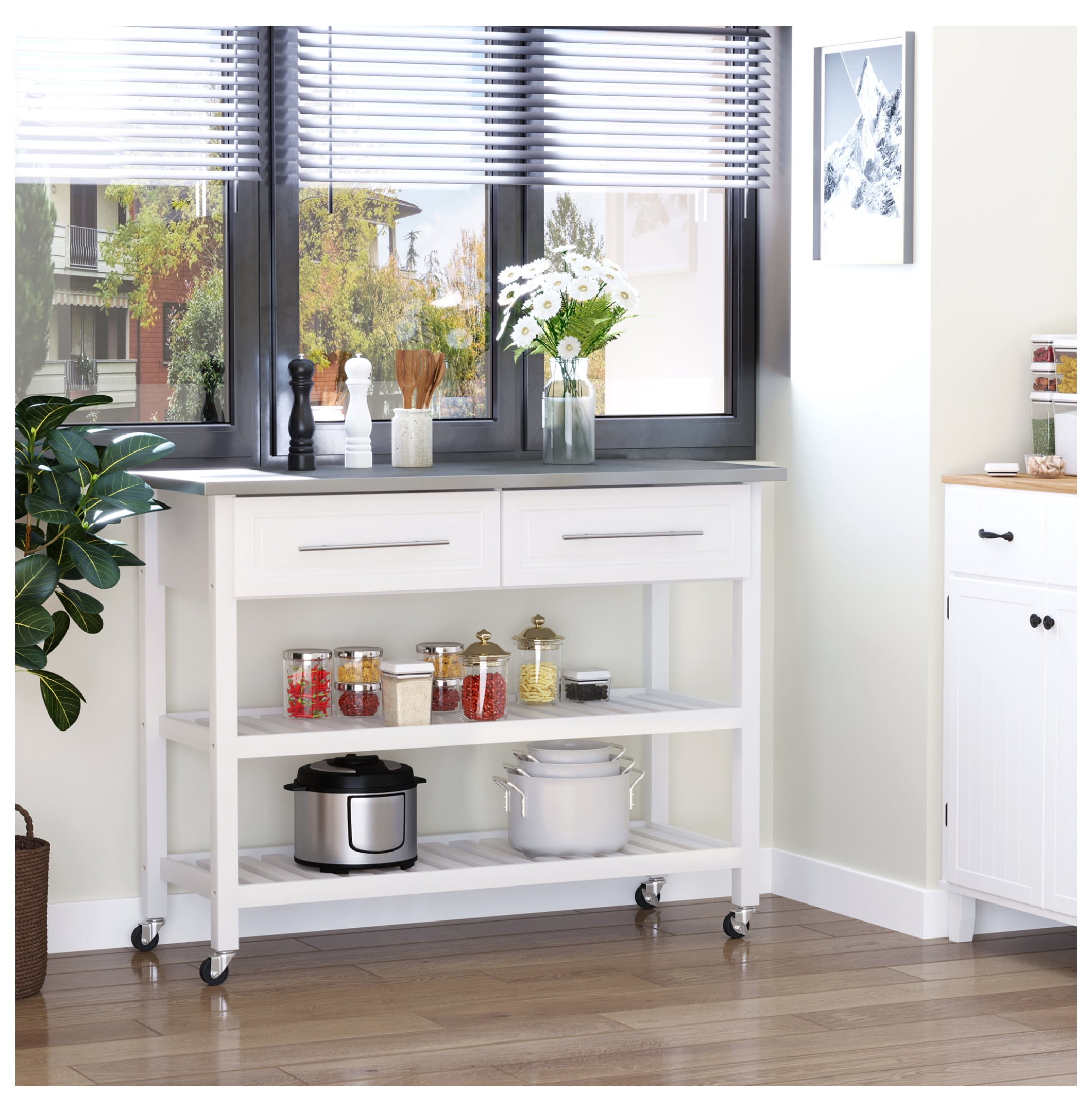 Kitchen Island with Stainless Steel Top, White Wood Kitchen Cart with ...