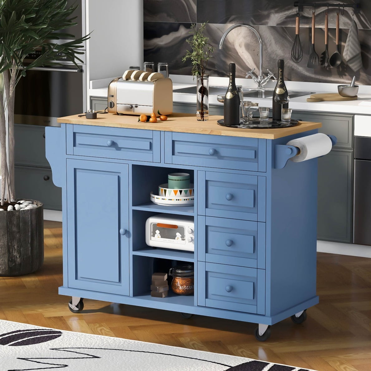 Kitchen Island with Storage Cabinet and 5 Draws,Rolling Mobile kitchen ...