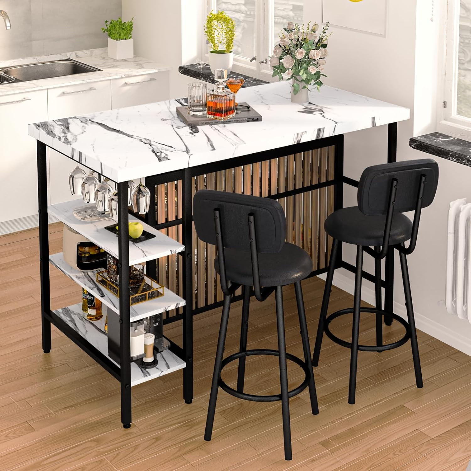 Kitchen Island with Storage Dining Table for 2 with 5 Shelves Faux ...