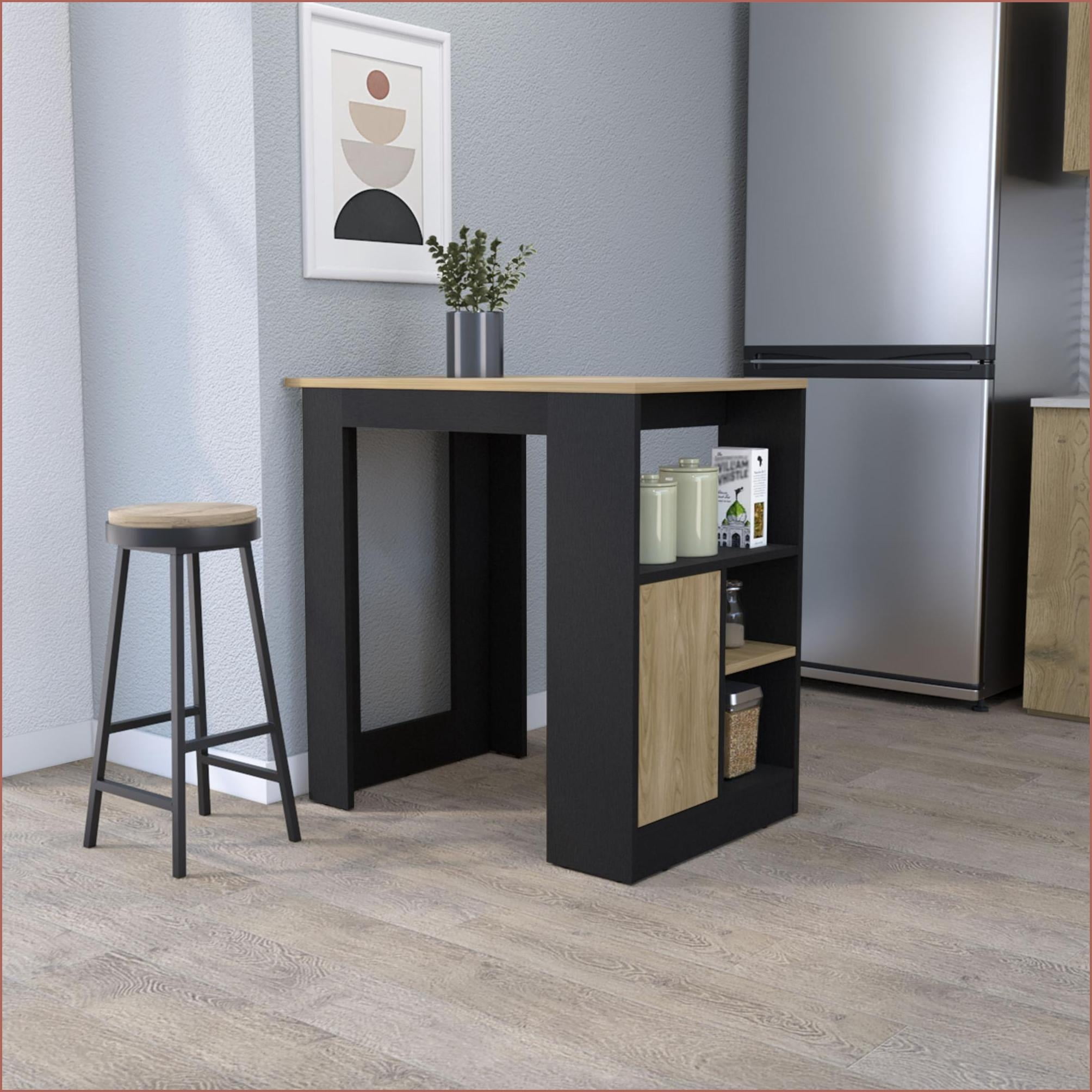Kitchen Island with Storage Door & Open Shelves, Black/Natural Oak ...