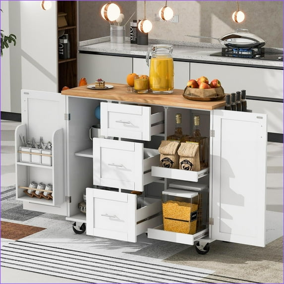 Kitchen Island with Storage, Rolling Cart 3 Drawers 2 Slide-Out Shelves ...