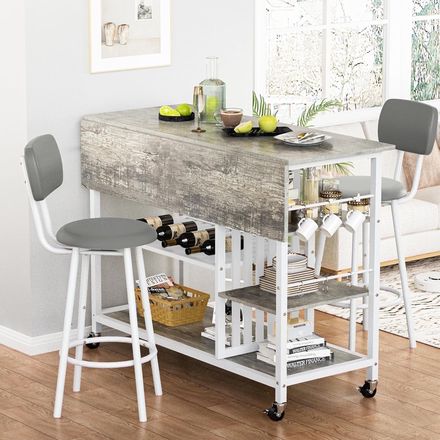 Kitchen Island with Storage & Seating, Small Dining Table for 2 on Wheels Island Table for ...