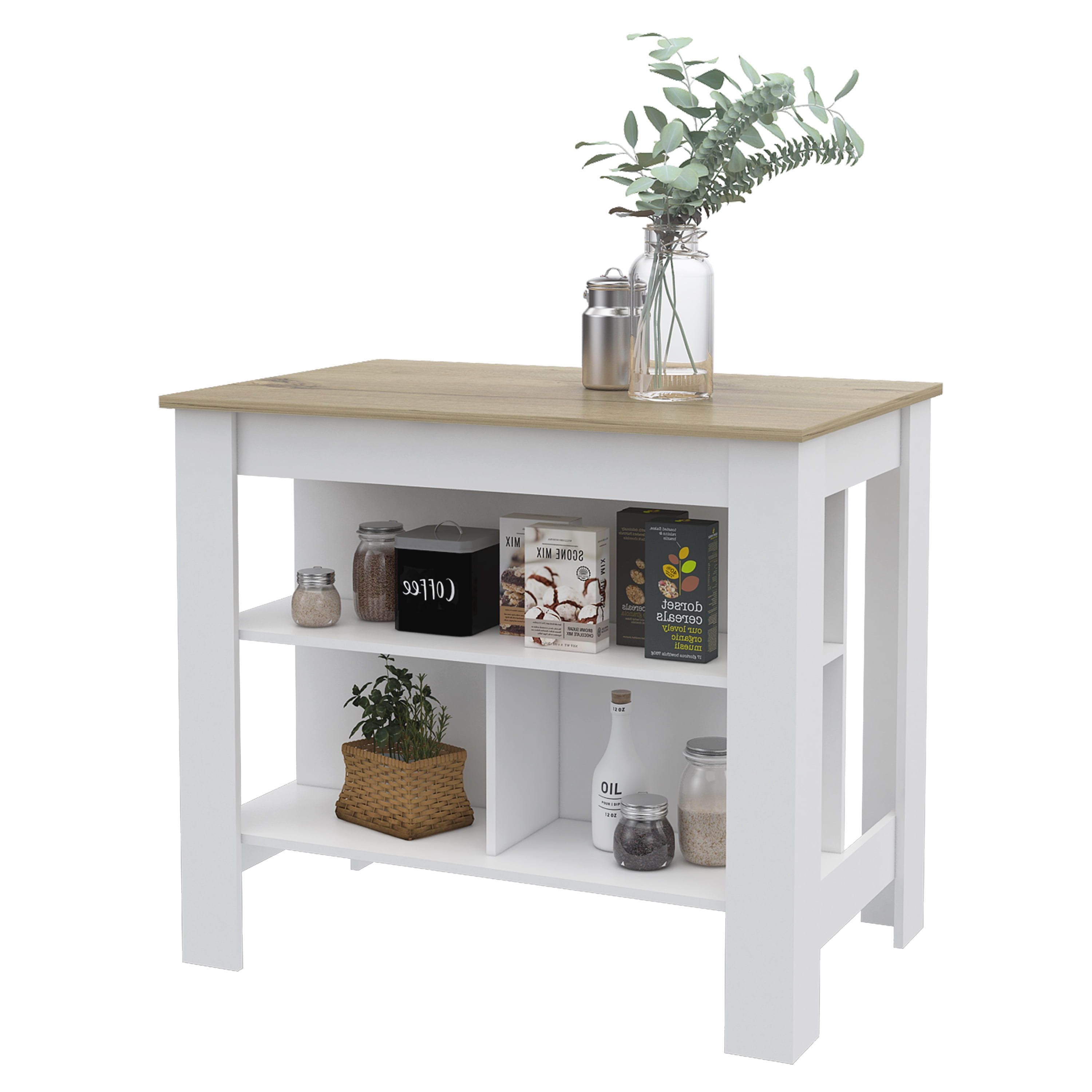 Kitchen Island with Storage Shelves - White and Light Oak Finish ...