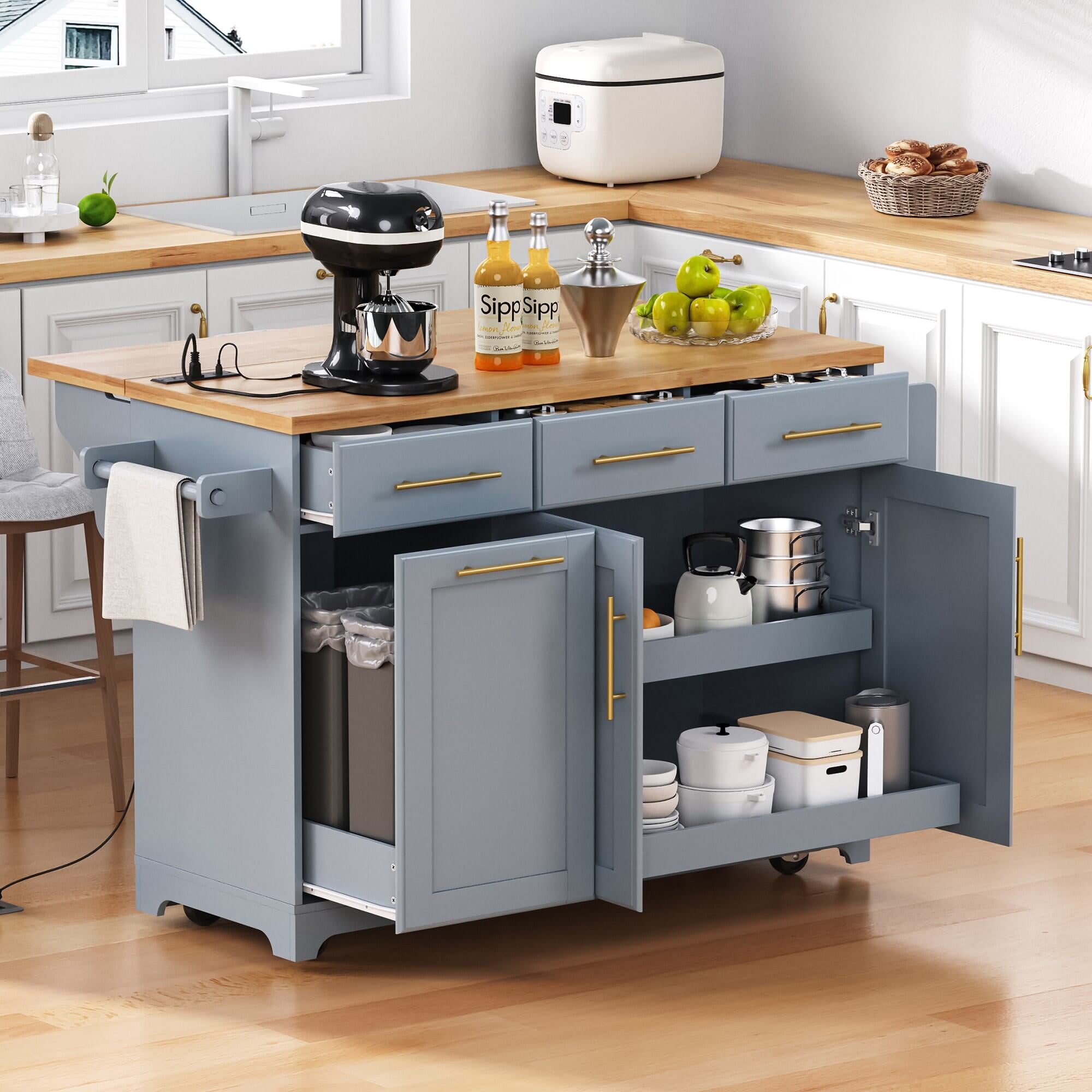 Kitchen Islands K&K 59.3" Kitchen Island with 2 Pull Out Cabinet ...
