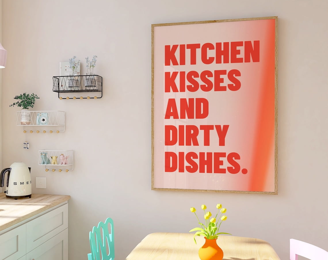 Kitchen Kisses And Dirty Dishes Poster • Funny Kitchen Wall Art • Bold ...
