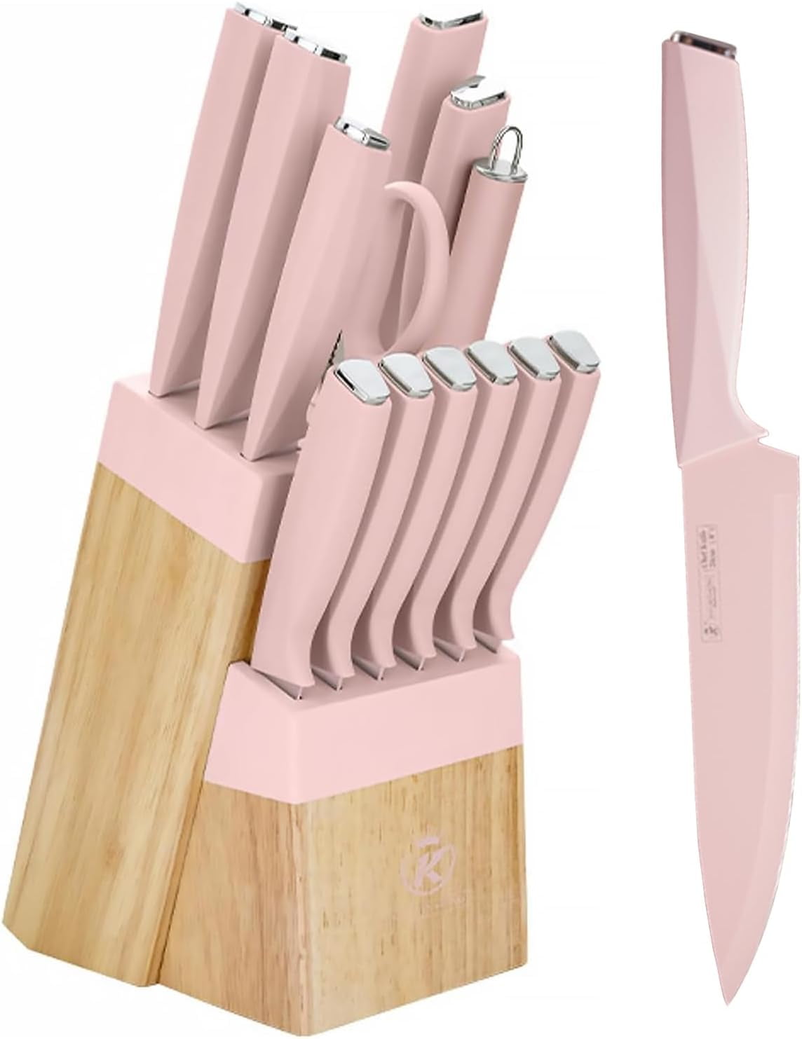 Kitchen Knife Block Set, 14-Piece Pink Knife Set with Block and ...
