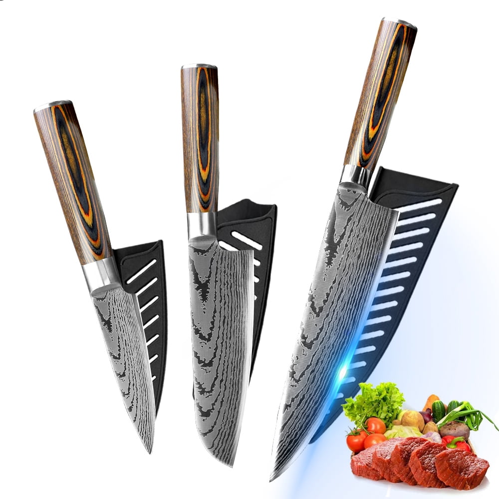 Kitchen Knife Set of 3, Damascus Pattern Chef Knifes with Ergonomic ...
