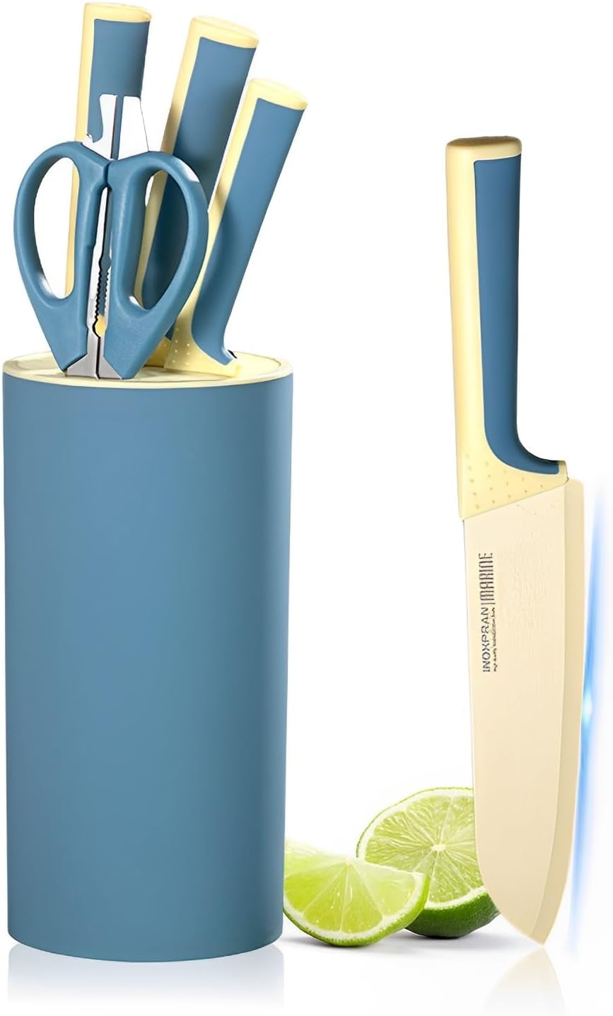 Kitchen Knife Set, 5 Pcs Blue Cooking Knife Set with Block ...