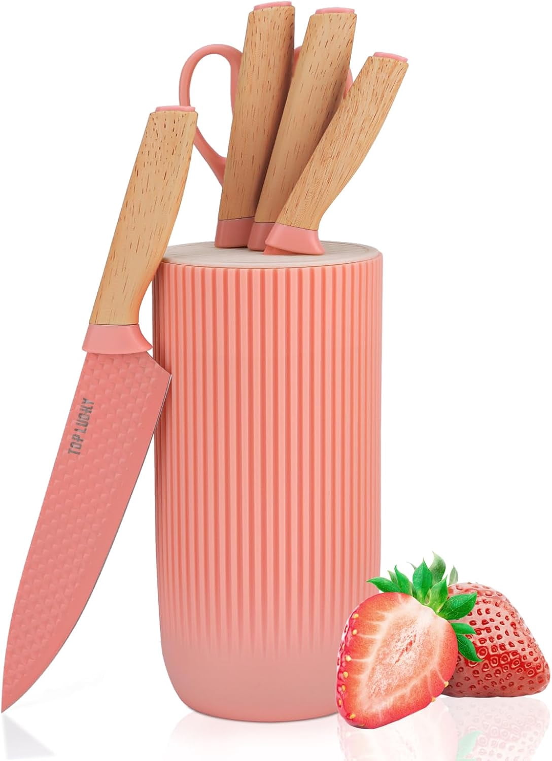 Kitchen Knife Set, 6 Piece Pink Knife Set with Block, Knife Block Set ...